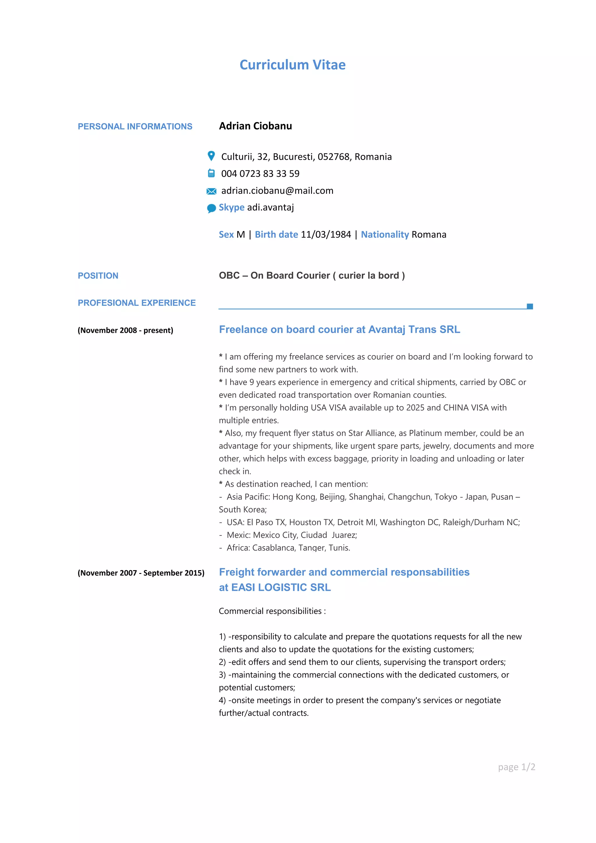 CV Adrian Ciobanu | PDF | Air Travel | Travel Type