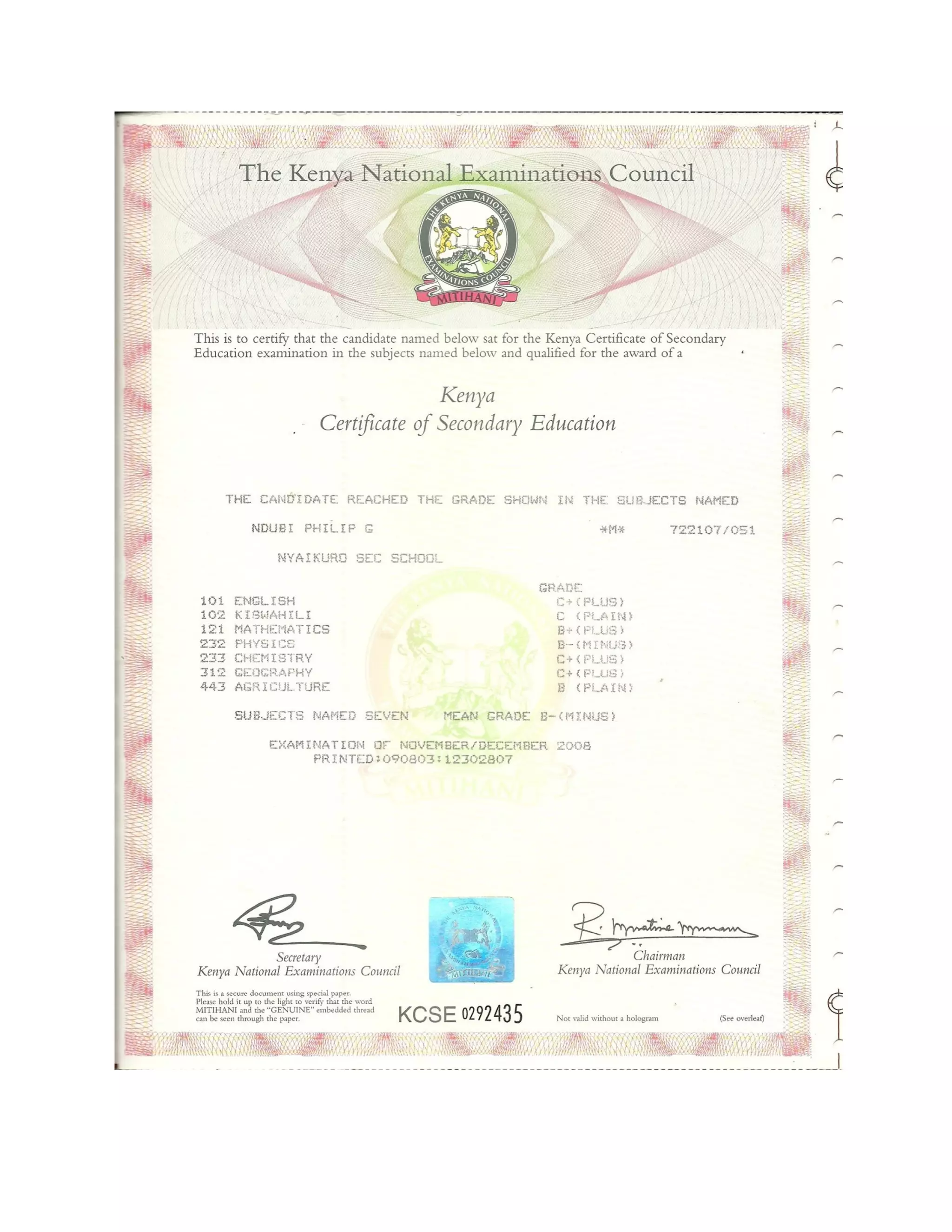 KCSE Certificate | PDF