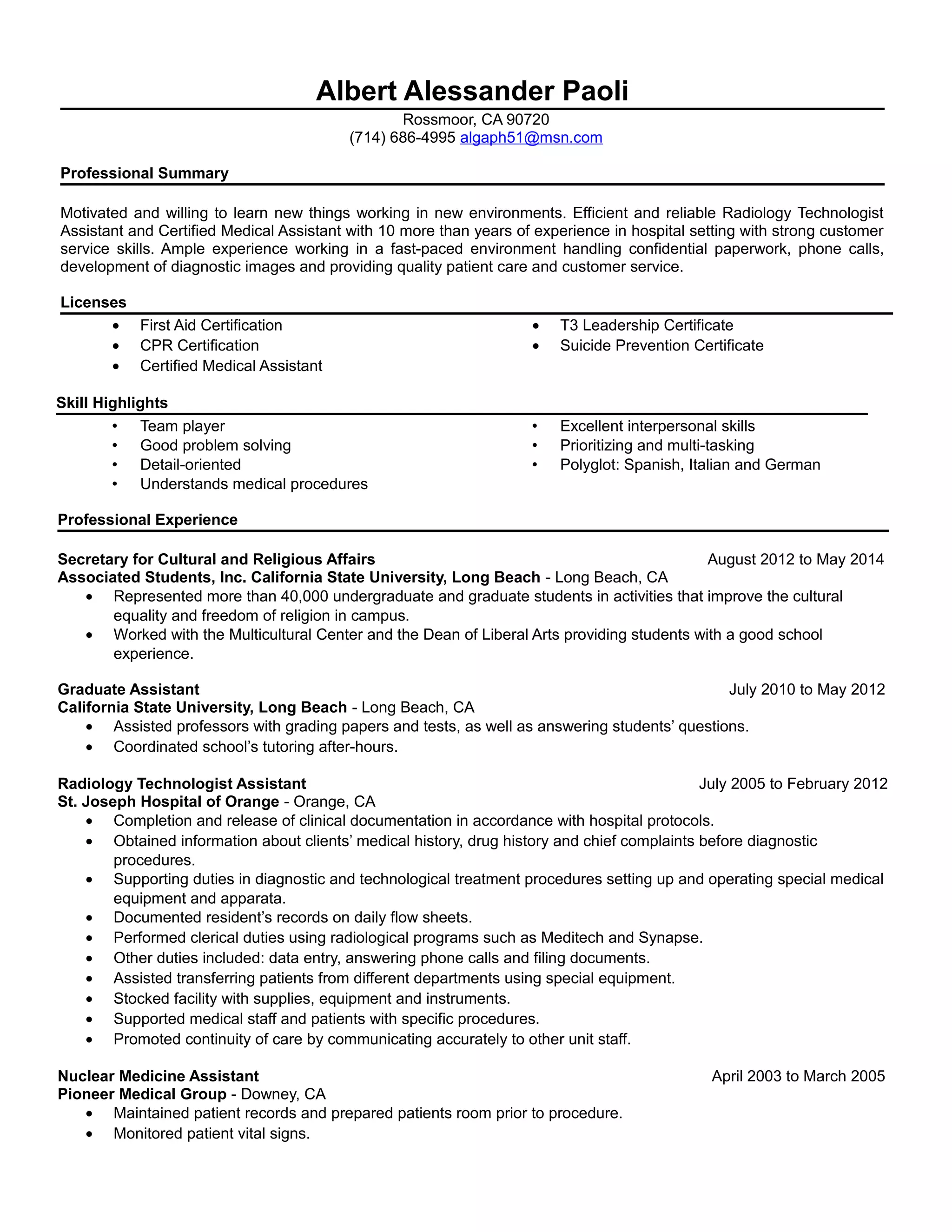 Paoli, Albert CV | DOC | Healthcare Industry | Industries