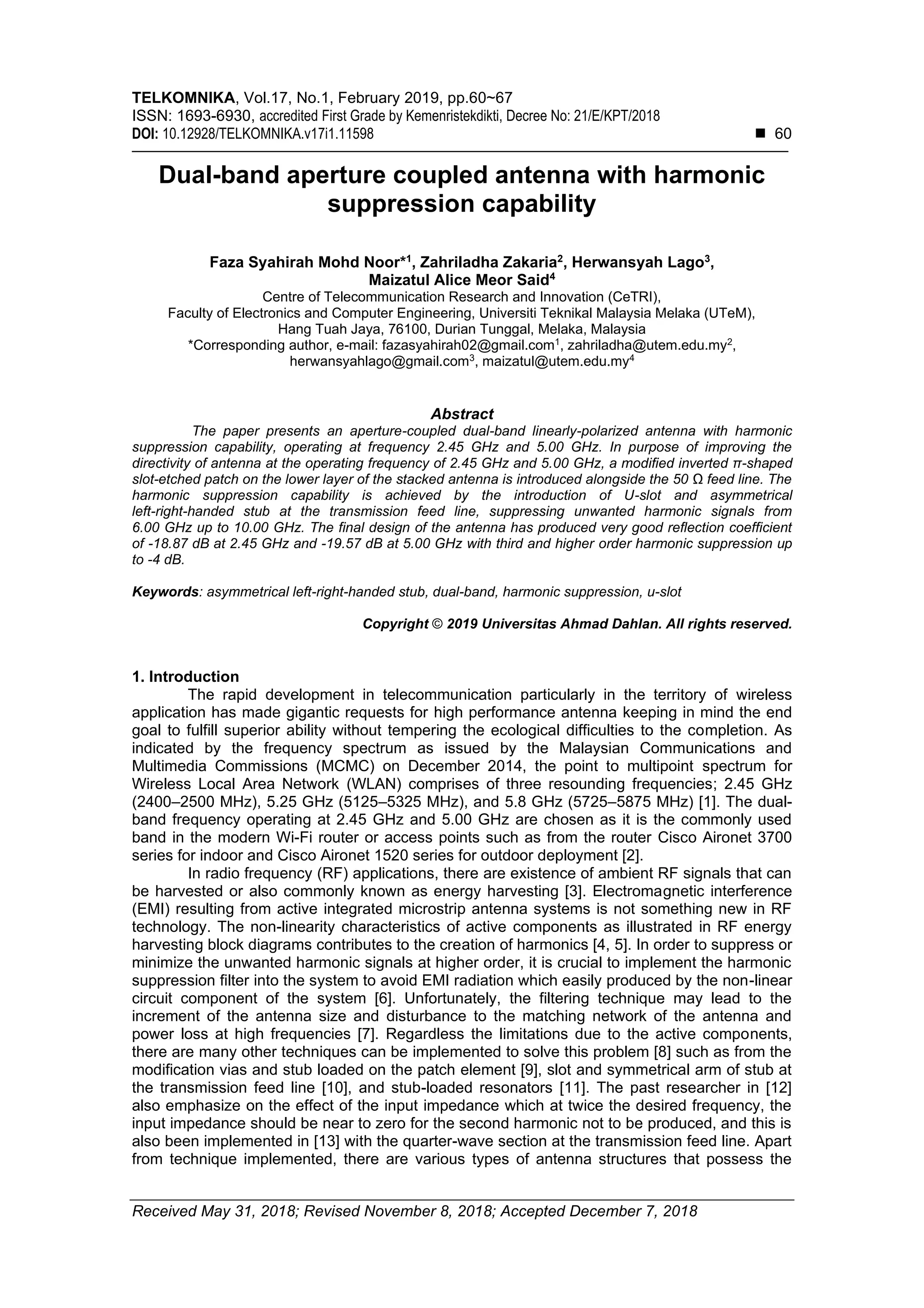Dual-band aperture coupled antenna with harmonic suppression capability ...
