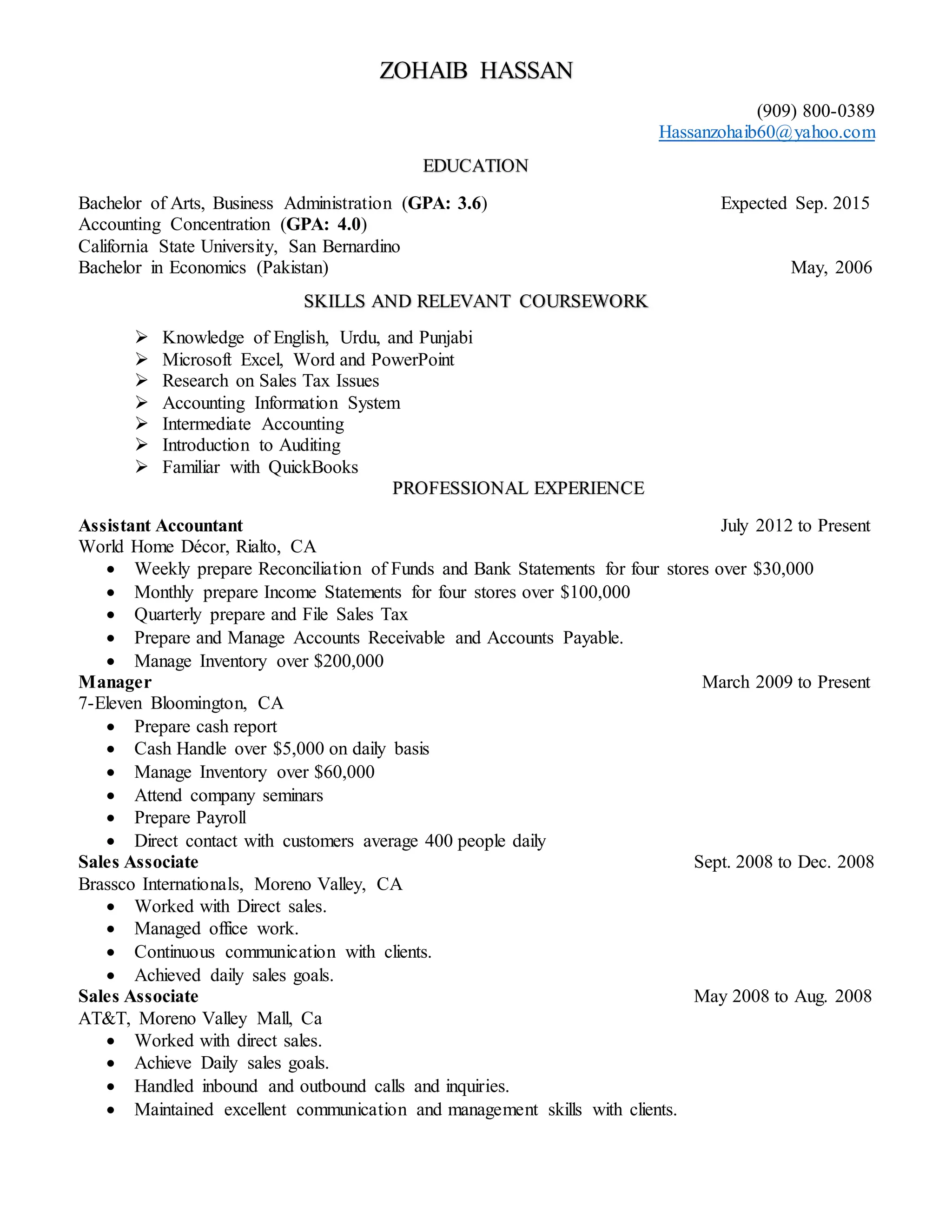 ZOHAIB HASSAN resume | DOCX | Sales | Business