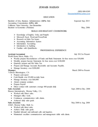 ZOHAIB HASSAN resume | DOCX | Sales | Business