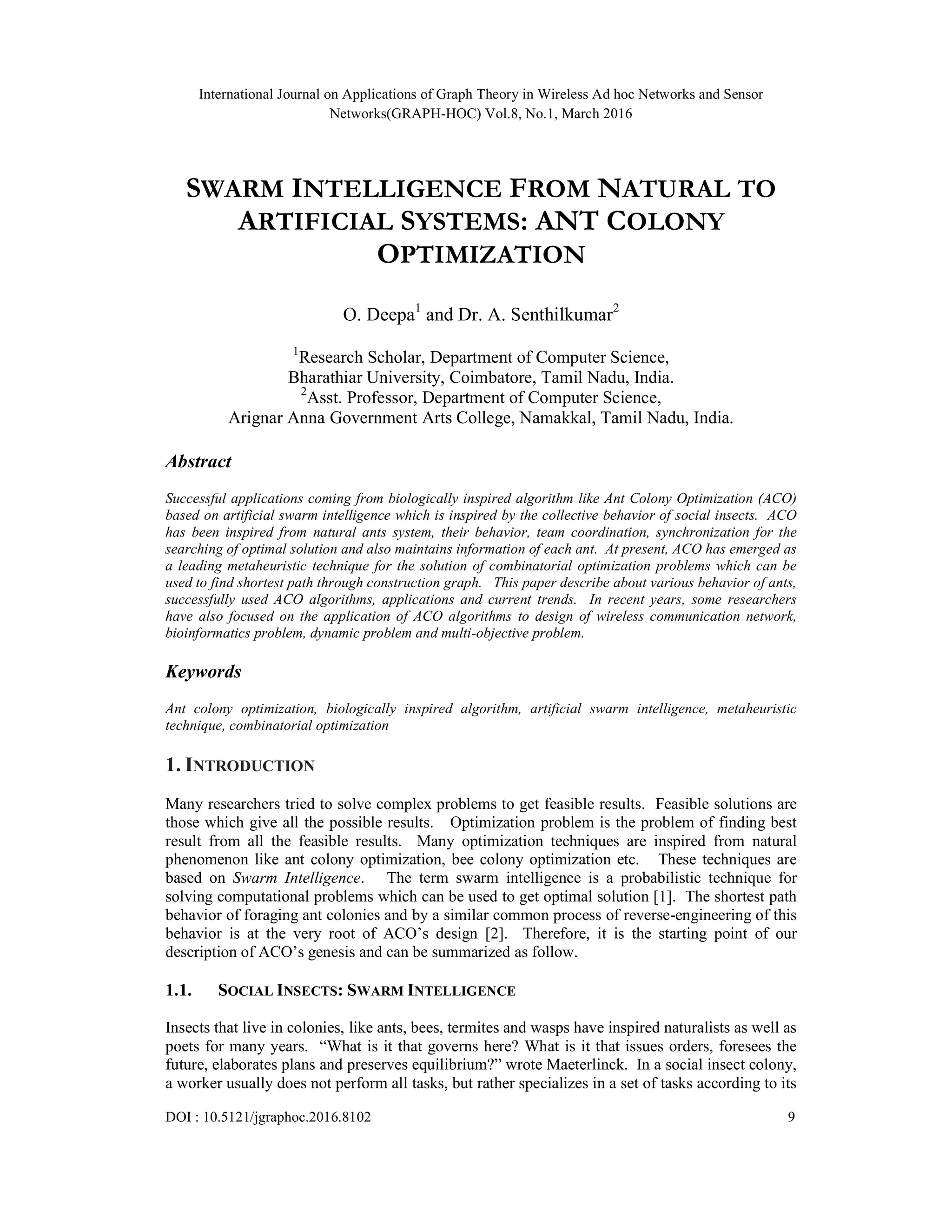 Swarm Intelligence from Natural to Artificial Systems: Ant Colony ...
