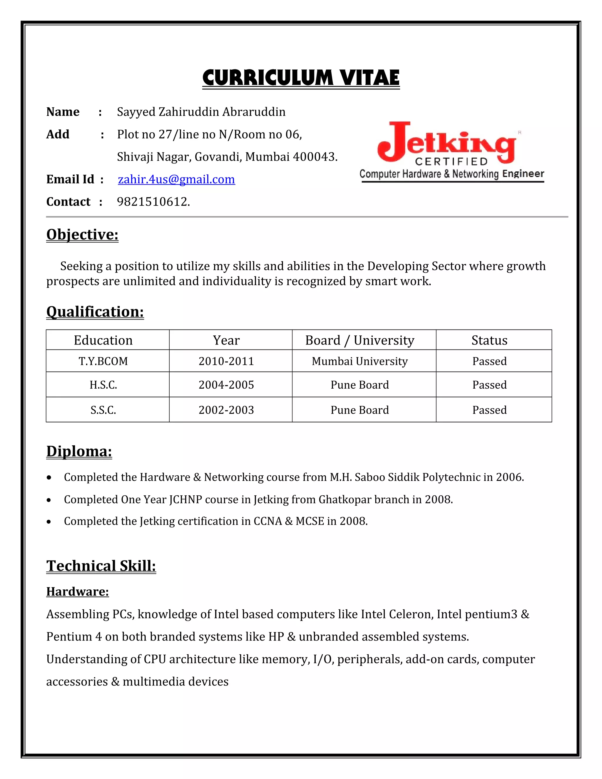 Zahir Resume | DOC | IT and Internet Support | Internet