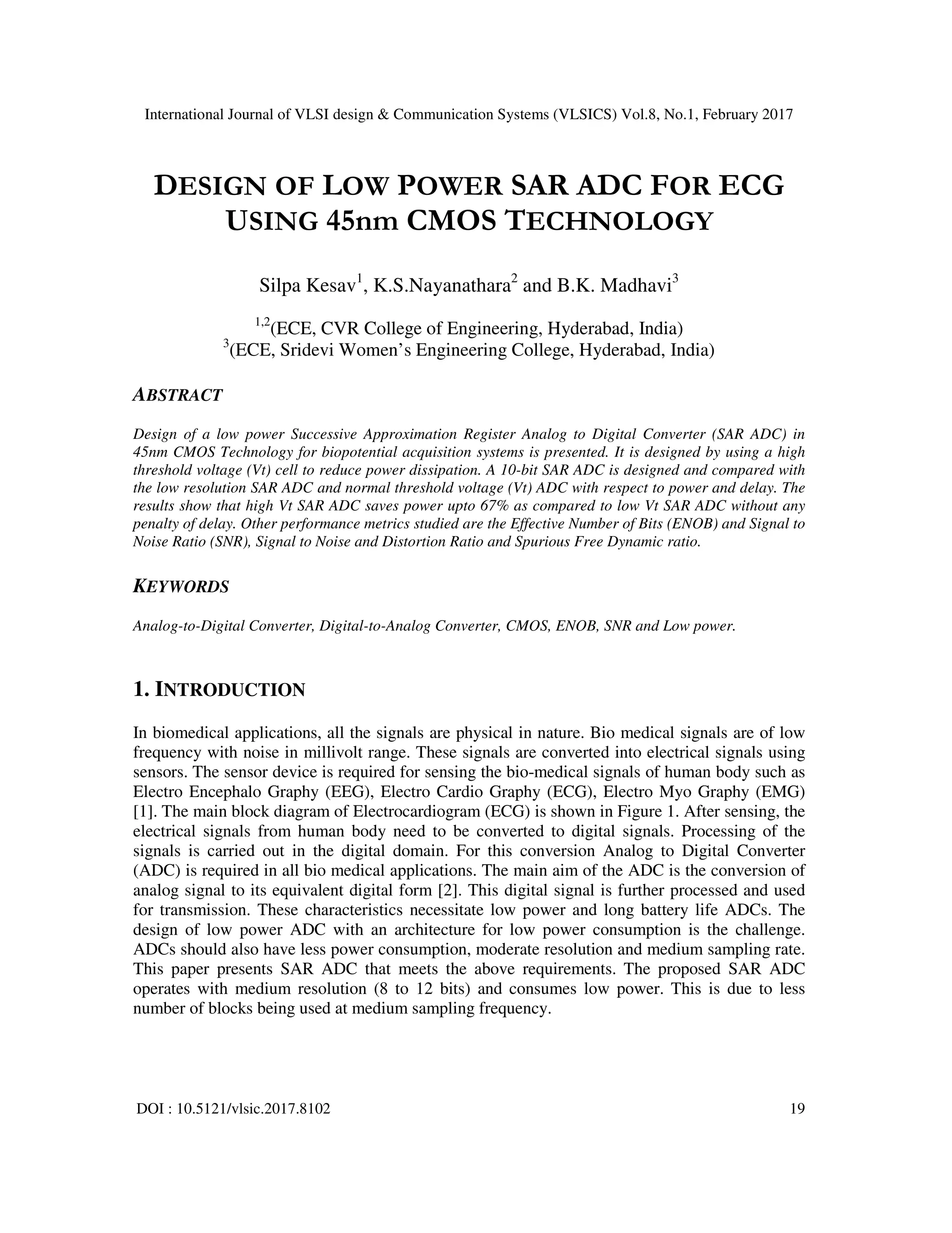 DESIGN OF LOW POWER SAR ADC FOR ECG USING 45nm CMOS TECHNOLOGY | PDF