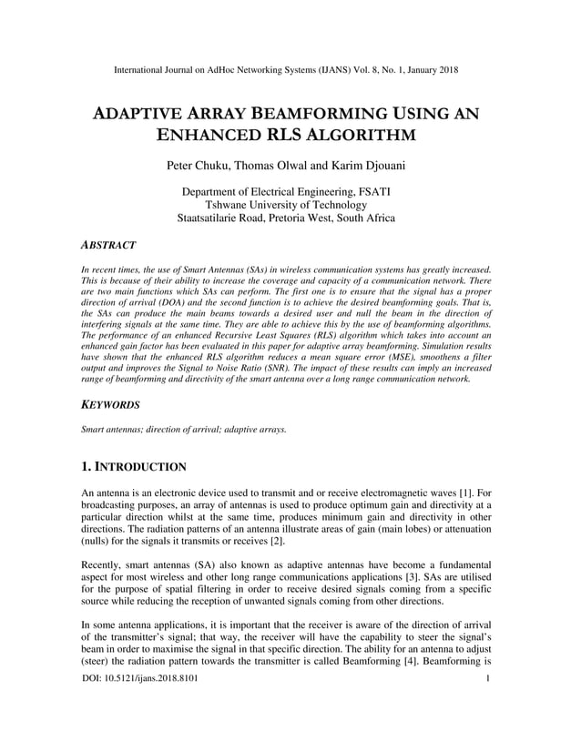 Adaptive Array Beamforming Using an Enhanced RLS Algorithm | PDF