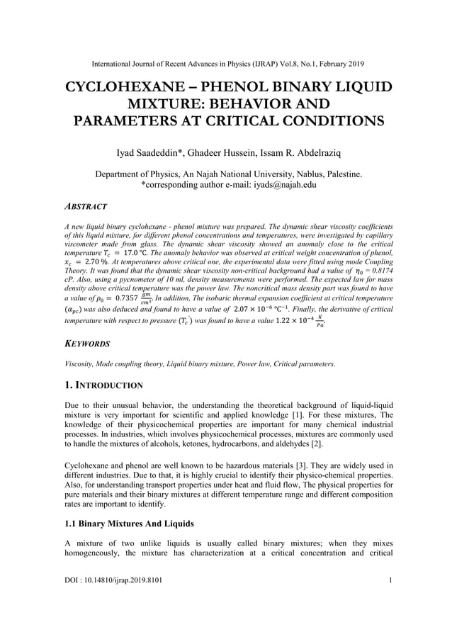 CYCLOHEXANE – PHENOL BINARY LIQUID MIXTURE: BEHAVIOR AND PARAMETERS AT CRITICAL CONDITIONS | PDF