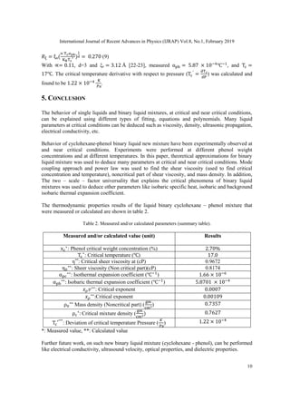 CYCLOHEXANE – PHENOL BINARY LIQUID MIXTURE: BEHAVIOR AND PARAMETERS AT CRITICAL CONDITIONS | PDF