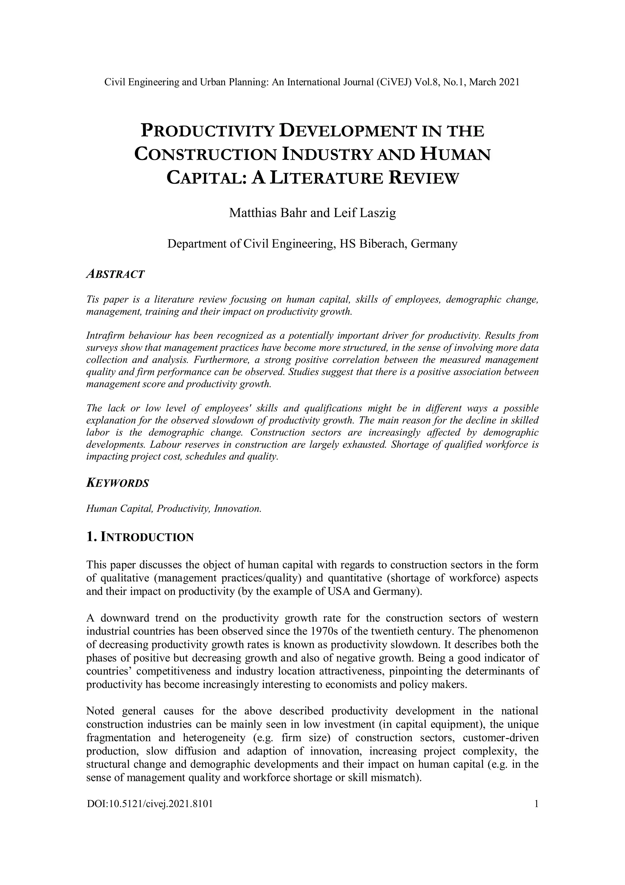 Productivity Development in the Construction Industry and Human Capital ...