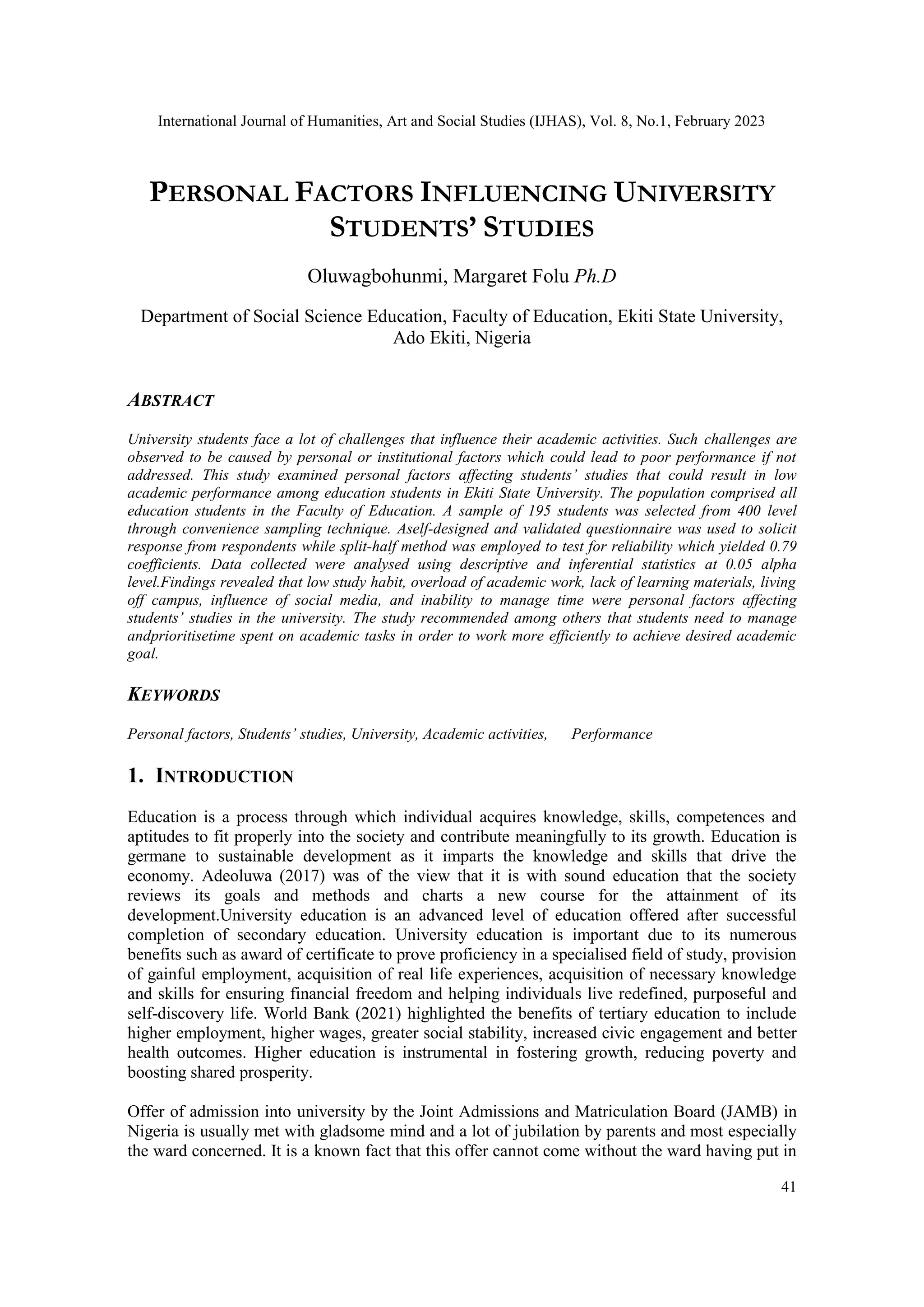 PERSONAL FACTORS INFLUENCING UNIVERSITY STUDENTS’ STUDIES | PDF