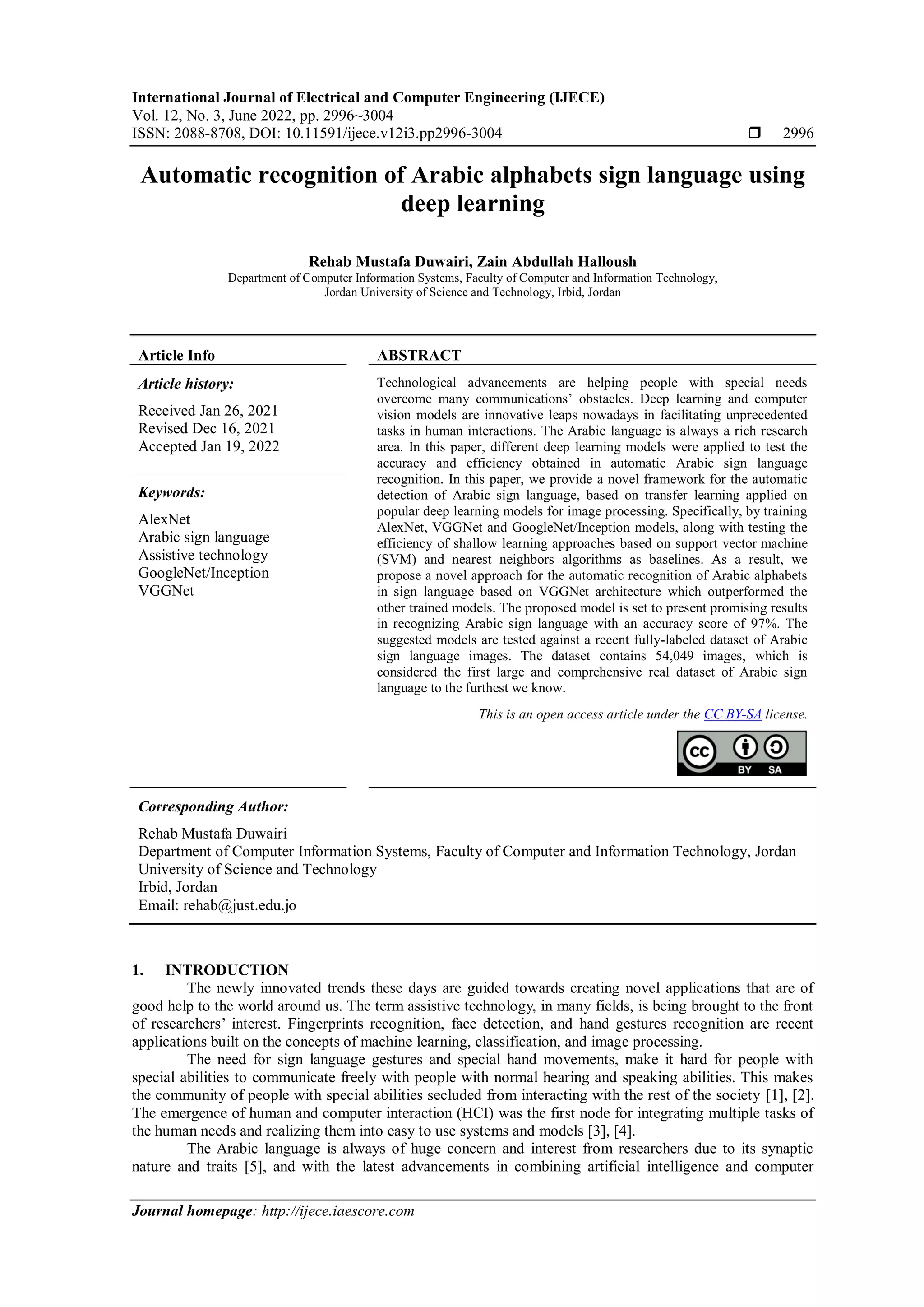 Automatic recognition of Arabic alphabets sign language using deep learning | PDF