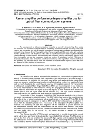 Raman amplifier performance in pre-amplifier use for optical fiber ...