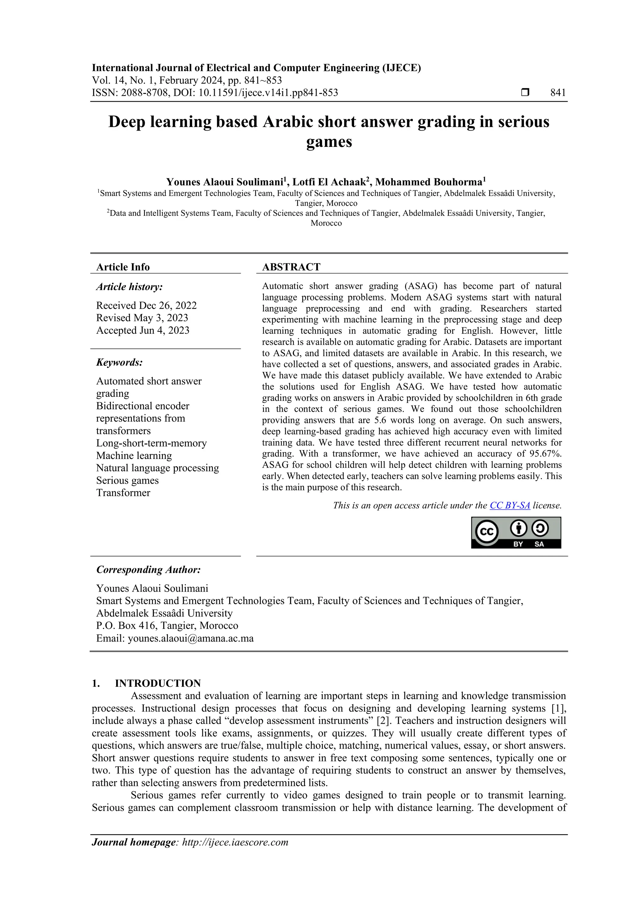 Deep learning based Arabic short answer grading in serious games | PDF