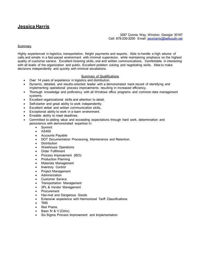 Jessica Harris Resume | DOCX | Logistics and Transportation Industry ...