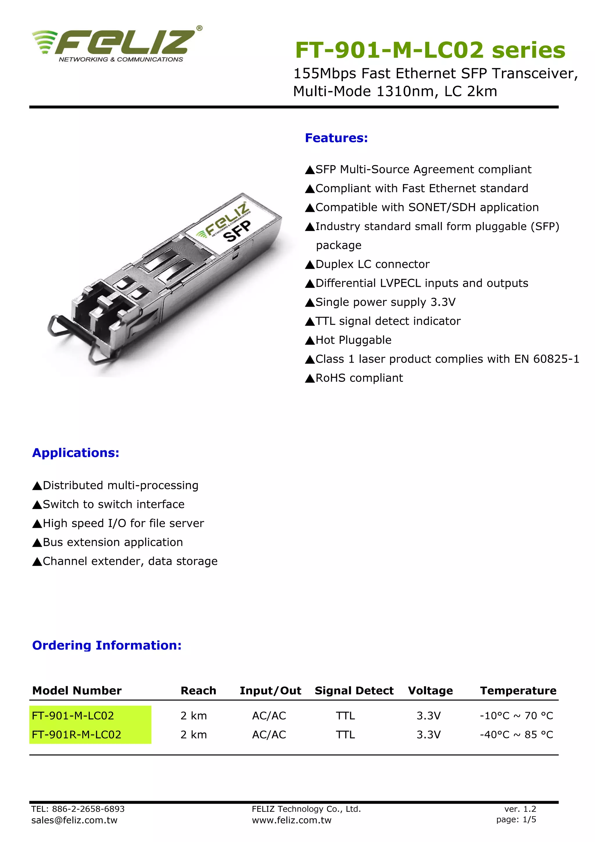 SFP(FT-901-M-LC02)_DataSheet_ver_1.2 | PDF
