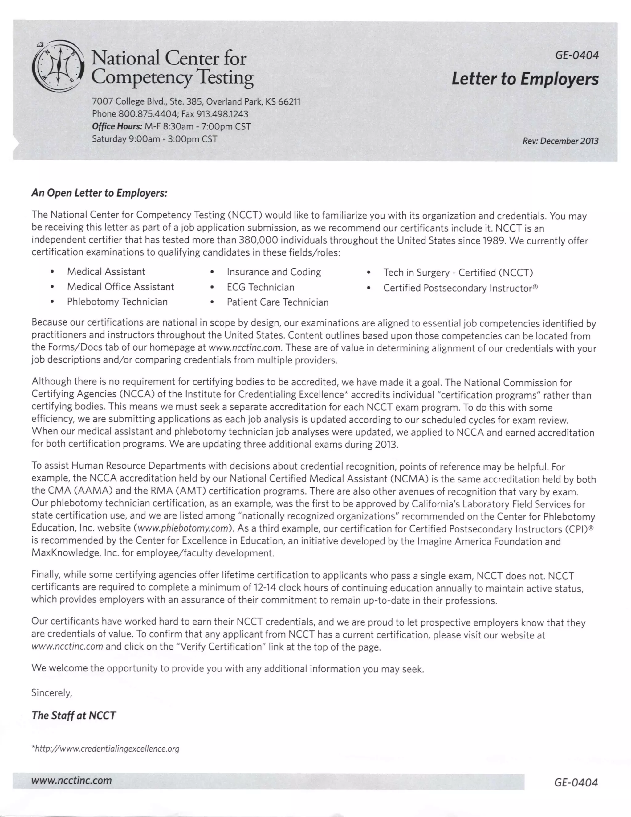 NCCT Letter to Employers | PDF