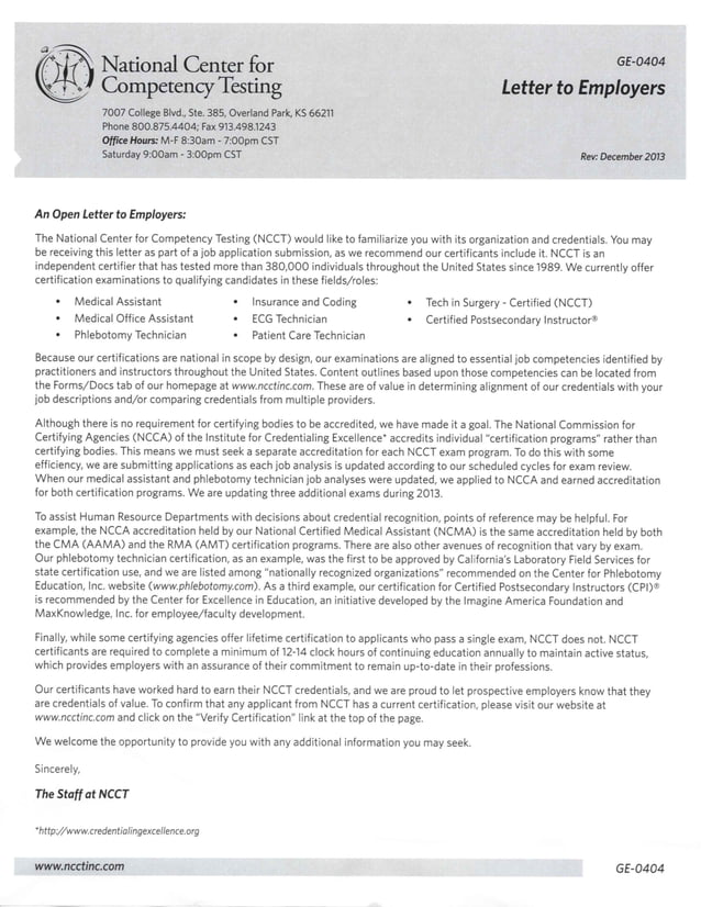 NCCT Letter to Employers | PDF
