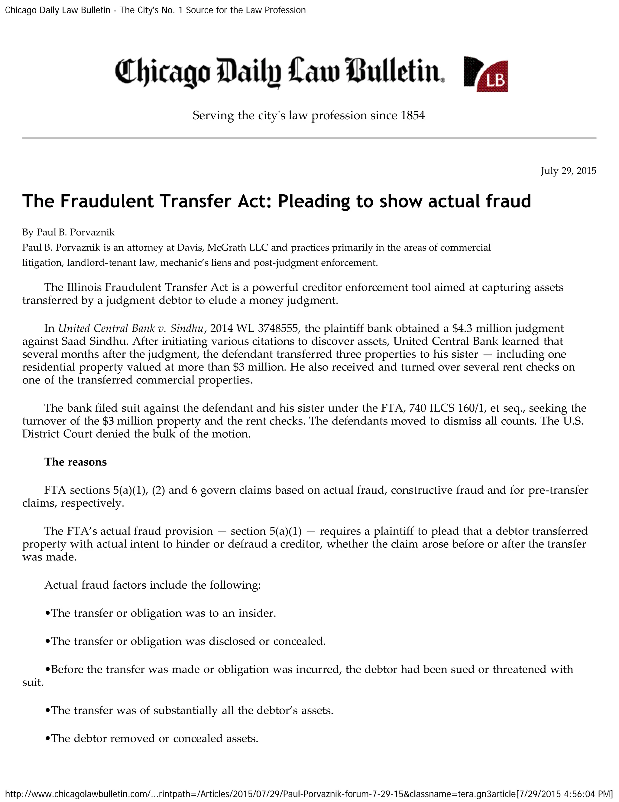 Chicago Daily Law Bulletin - 7.29.15 Fraudulent Transfer Act - Pleading ...