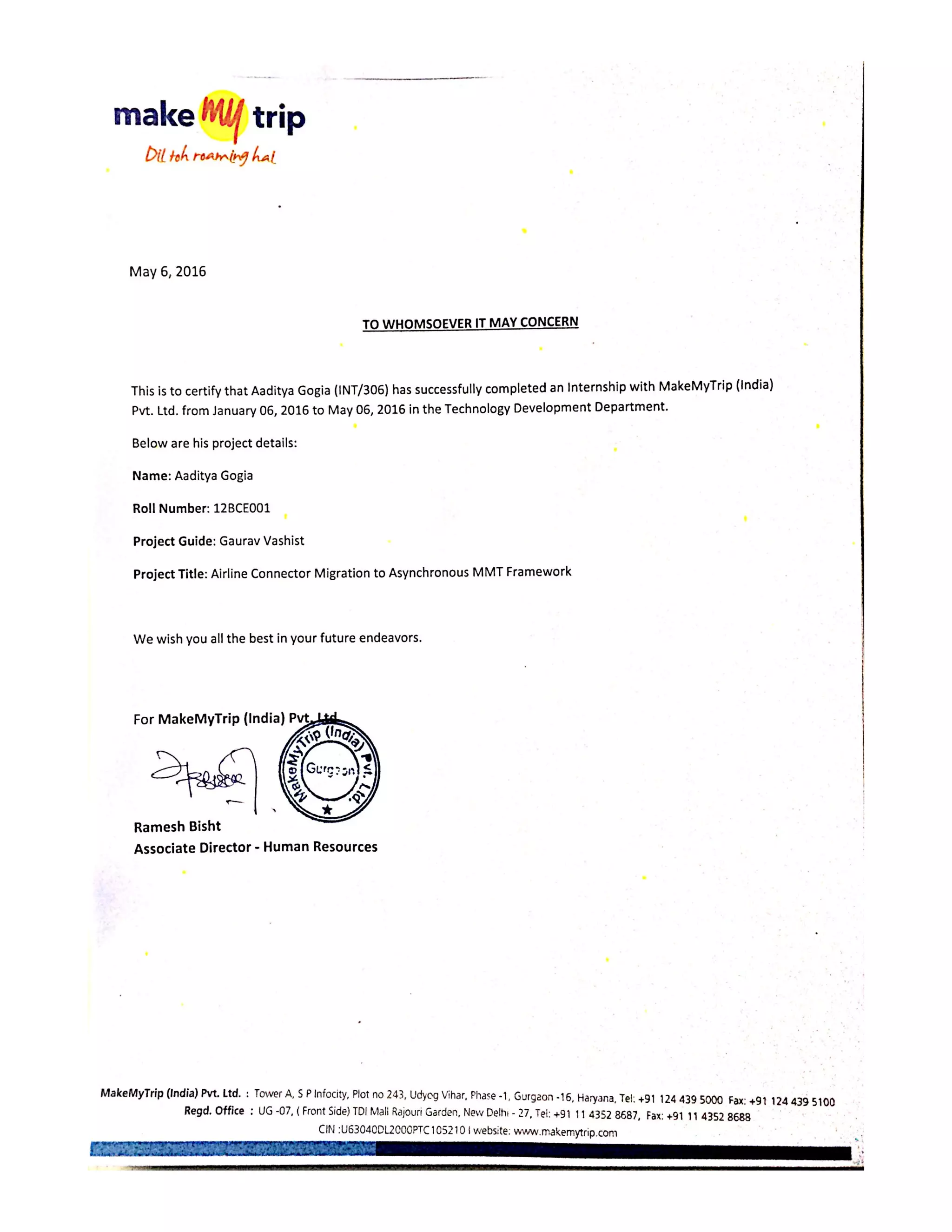 MakeMyTrip Certificate | PDF