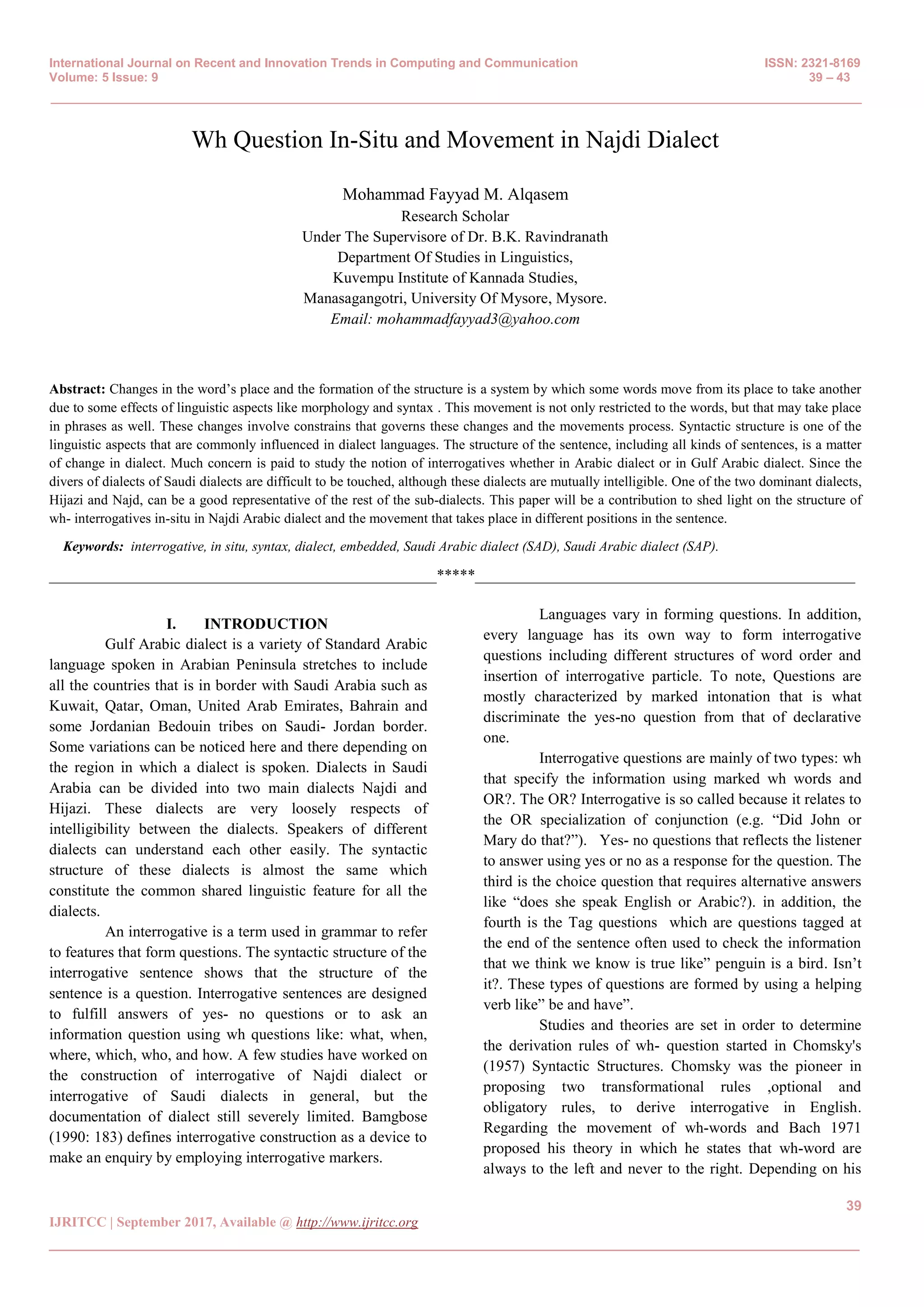 Wh Question In-Situ and Movement in Najdi Dialect | PDF