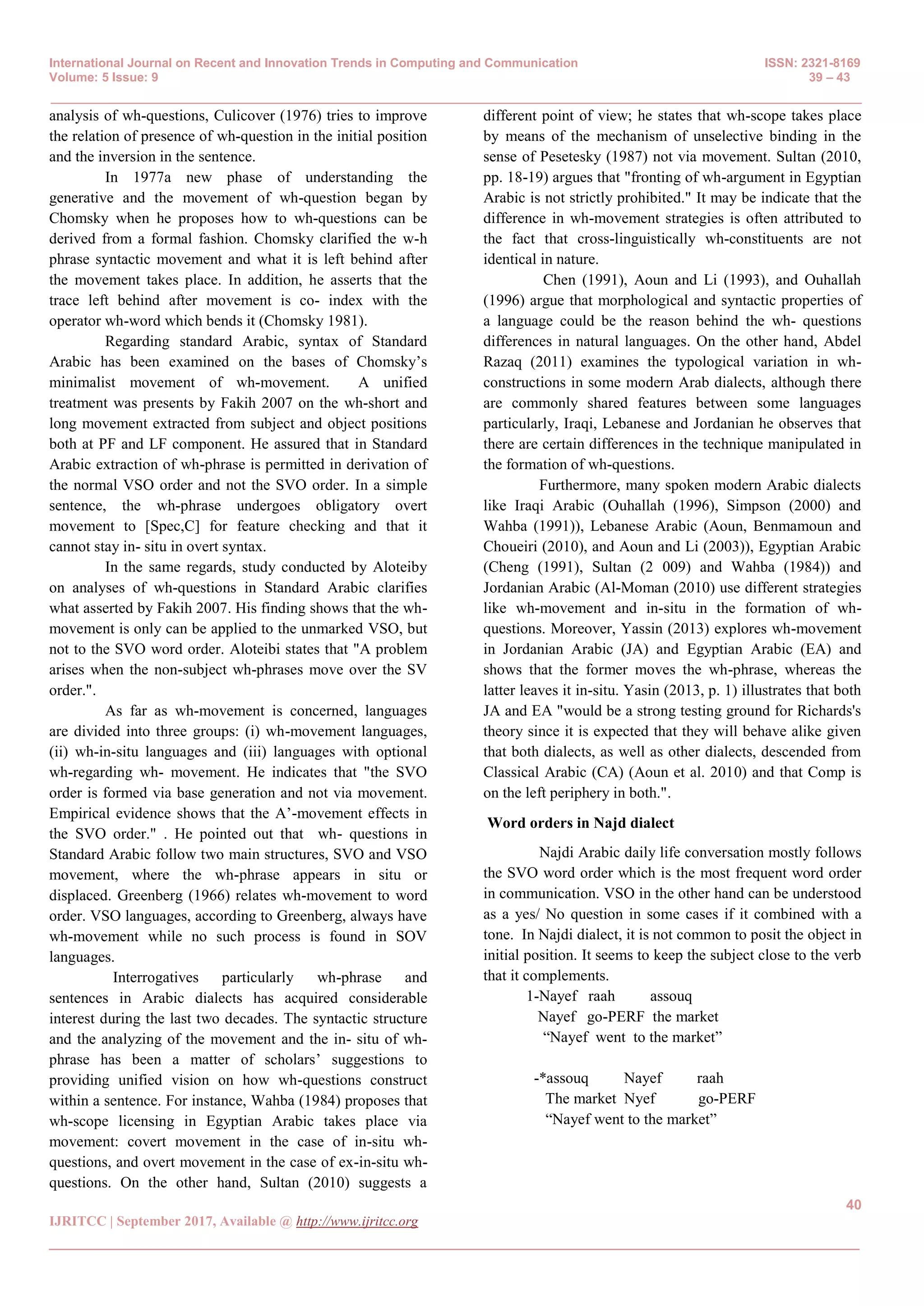 Wh Question In-Situ and Movement in Najdi Dialect | PDF