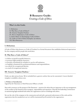 B Resources - Creating a Code of Ethics | PDF