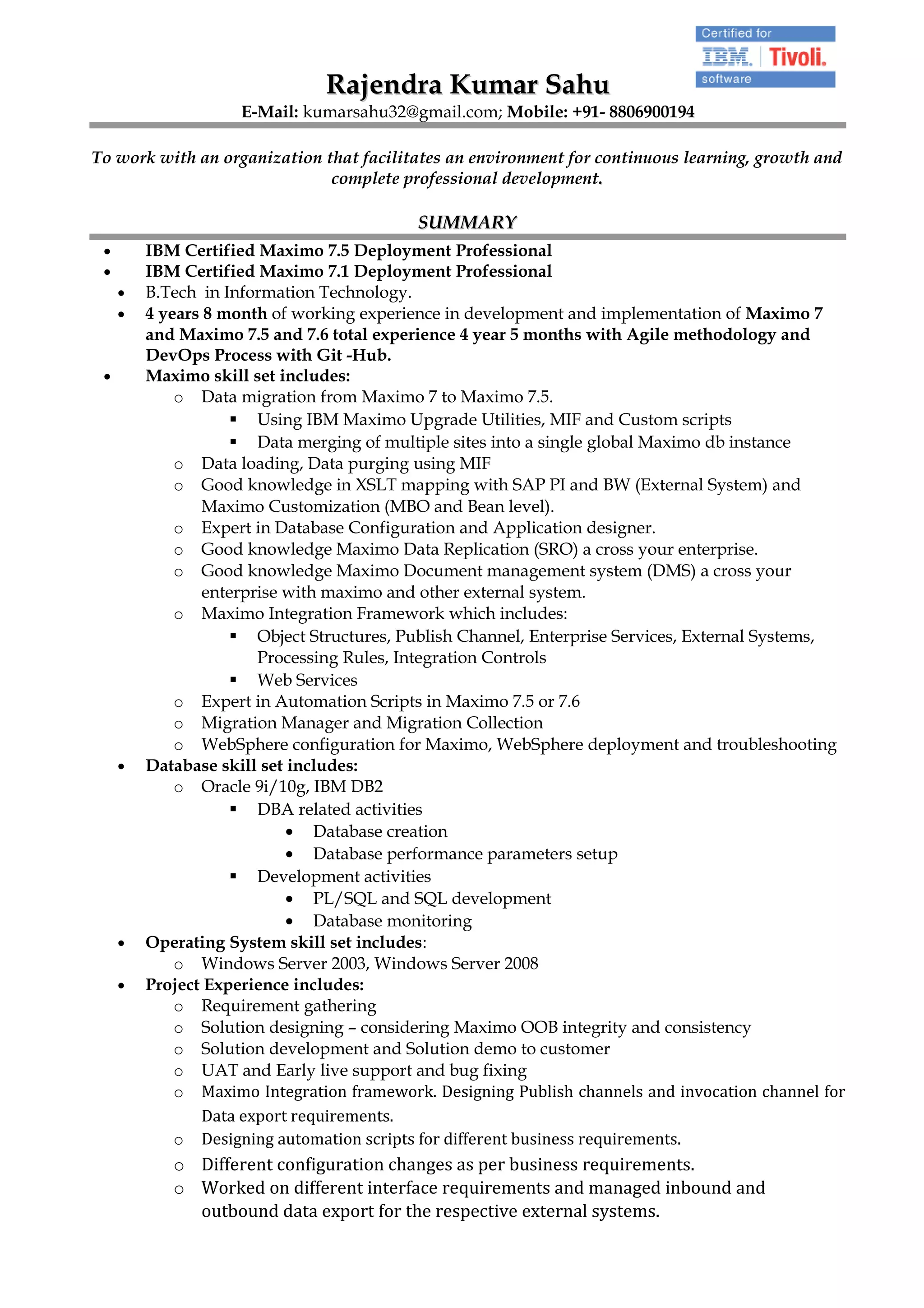 Rajendra Kumar Sahu_243535(Maximo 7 5 Certified ) | DOC