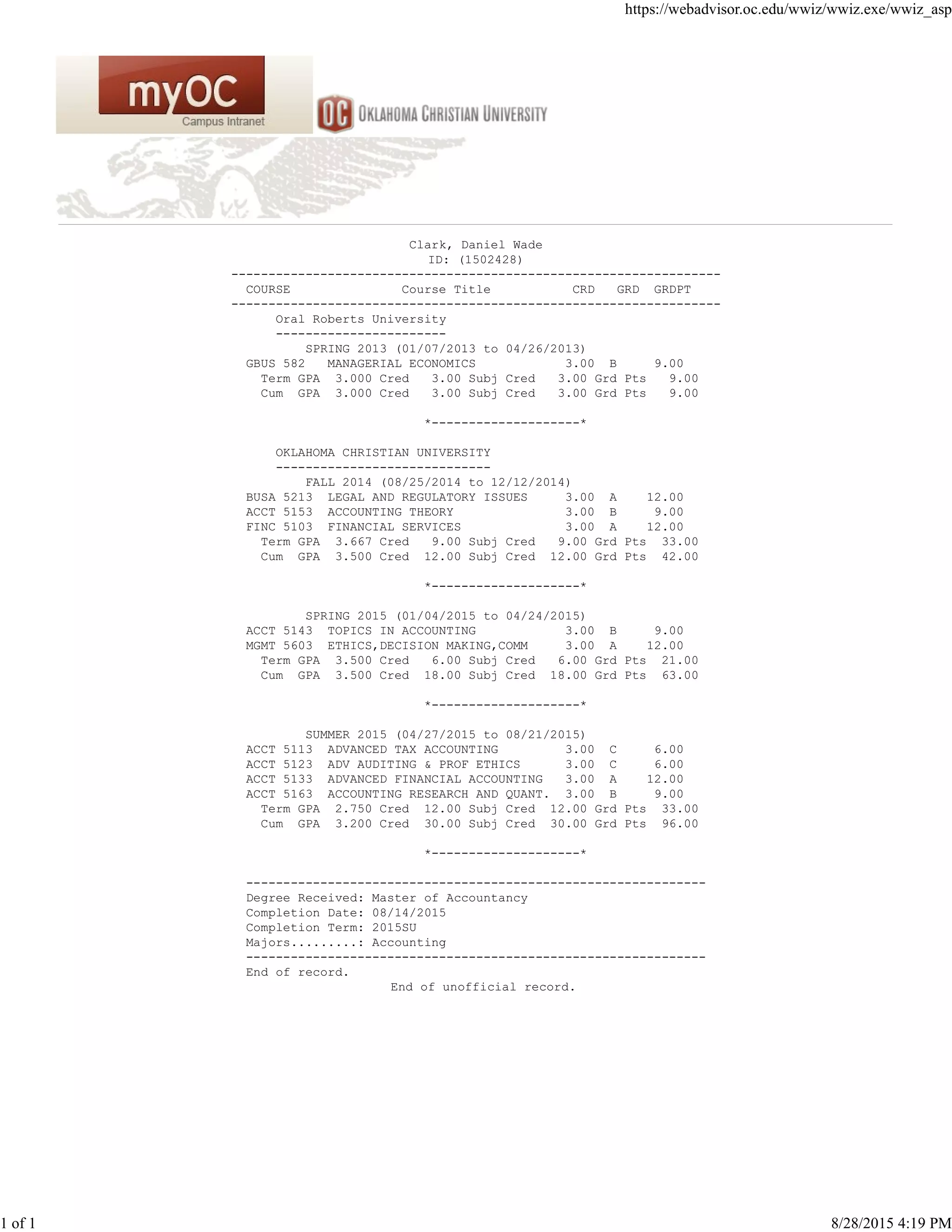 Daniel Clark's OC Transcript | PDF