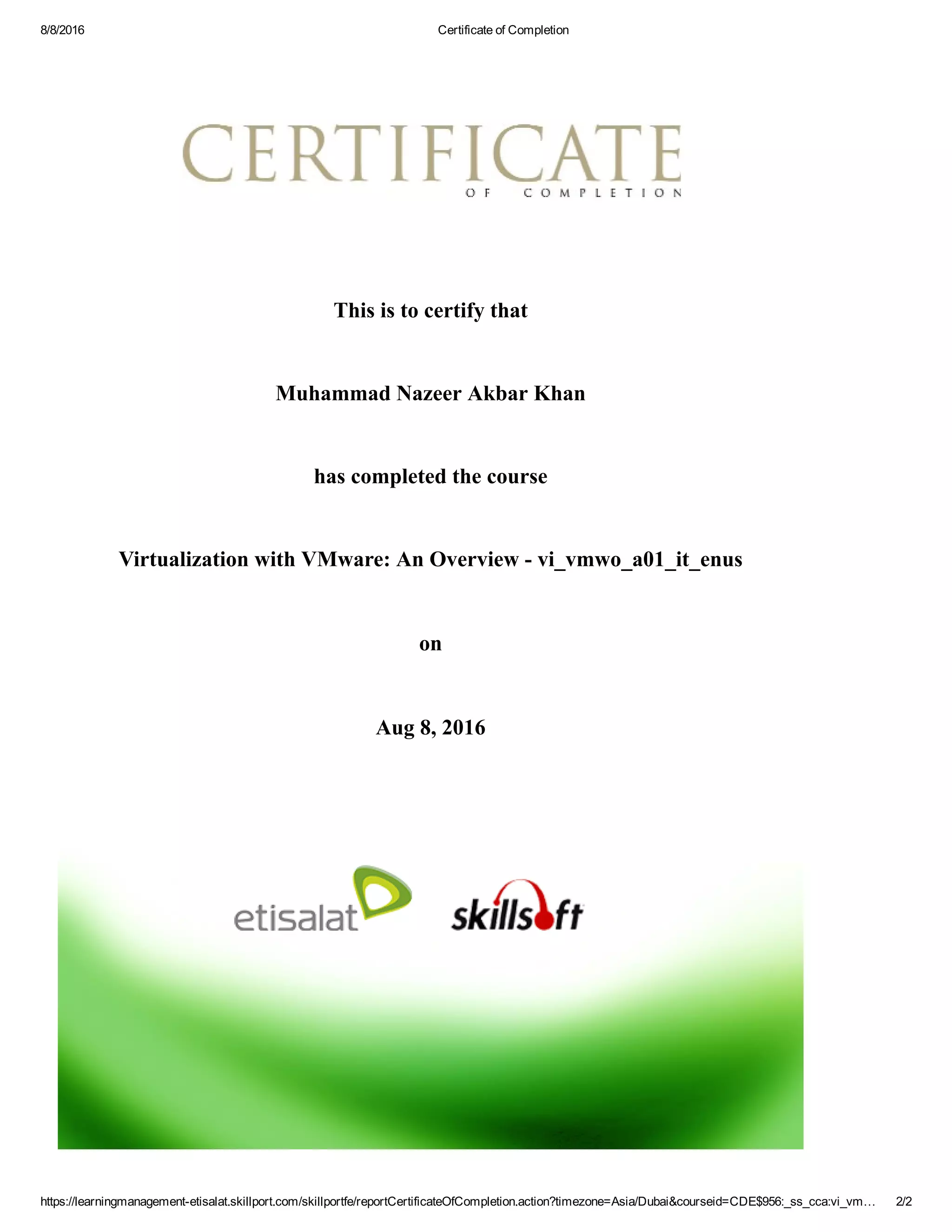 Certificate of Completion-VMWare Etisalat | PDF
