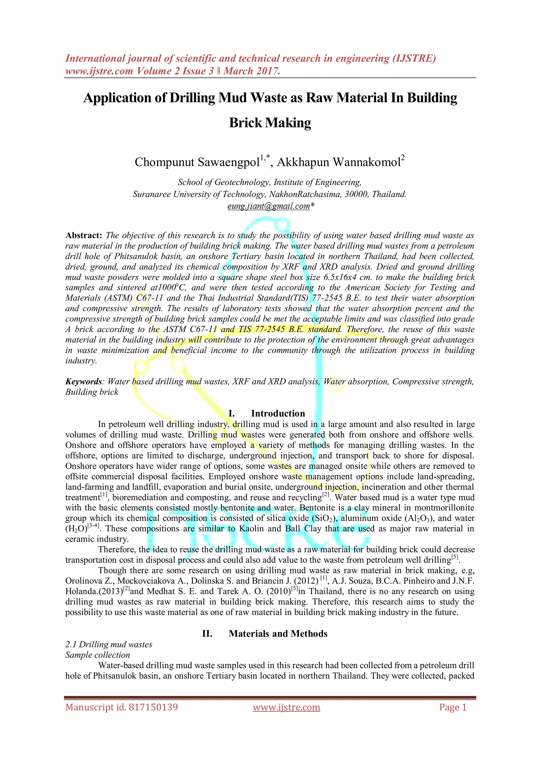 Application of Drilling Mud Waste as Raw Material In Building Brick ...