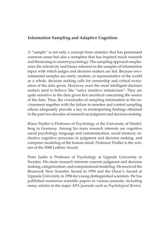Information Sampling And Adaptive Cognition Klaus Fiedler Peter Juslin ...
