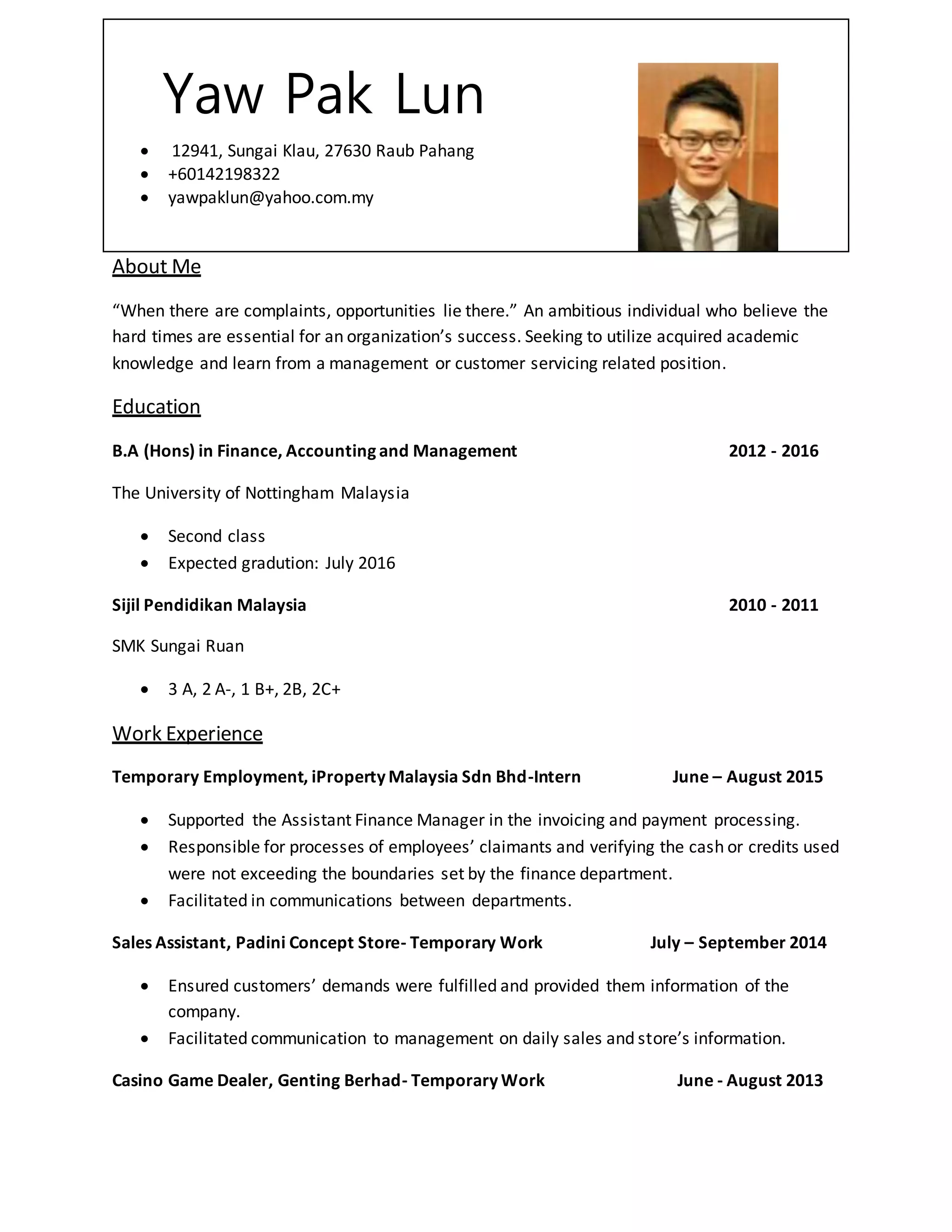 Yaw Pak Lun. CV | DOCX | Casinos & Gambling | Attractions