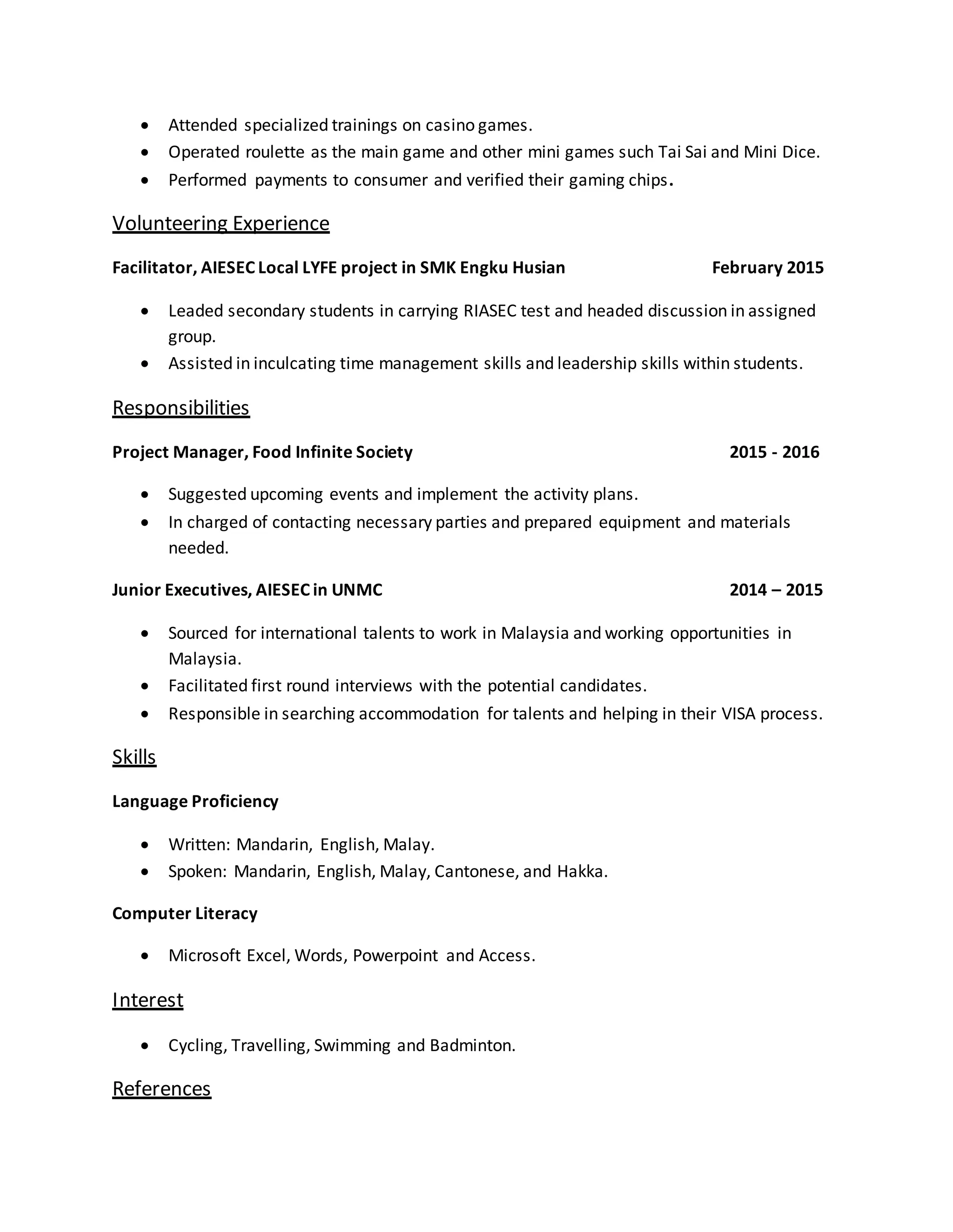 Yaw Pak Lun. CV | DOCX | Casinos & Gambling | Attractions