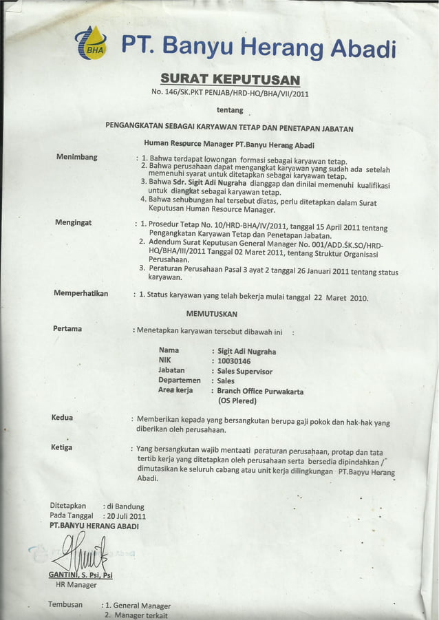 Surat Keputusan Karyawan Tetap BHA | PDF