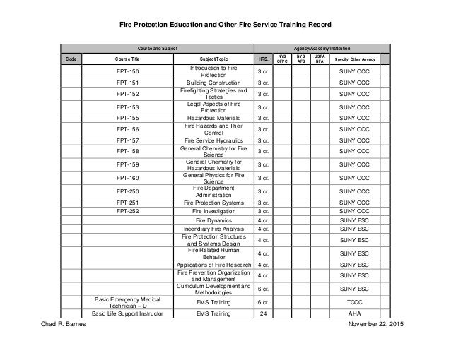 Other Fire Protection Education and Fire Service Training Record
