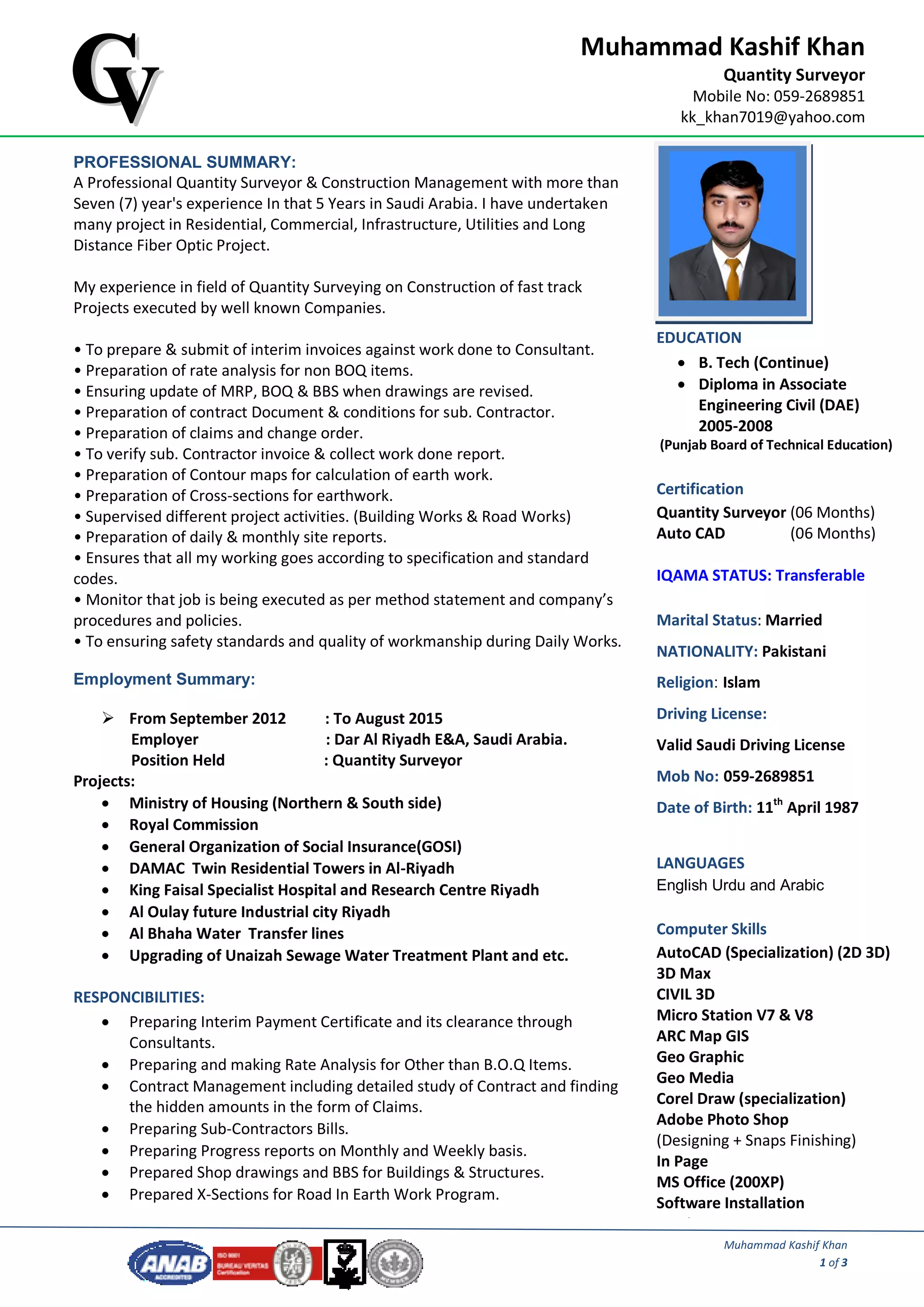 CV Muhammad Kashif Khan | PDF