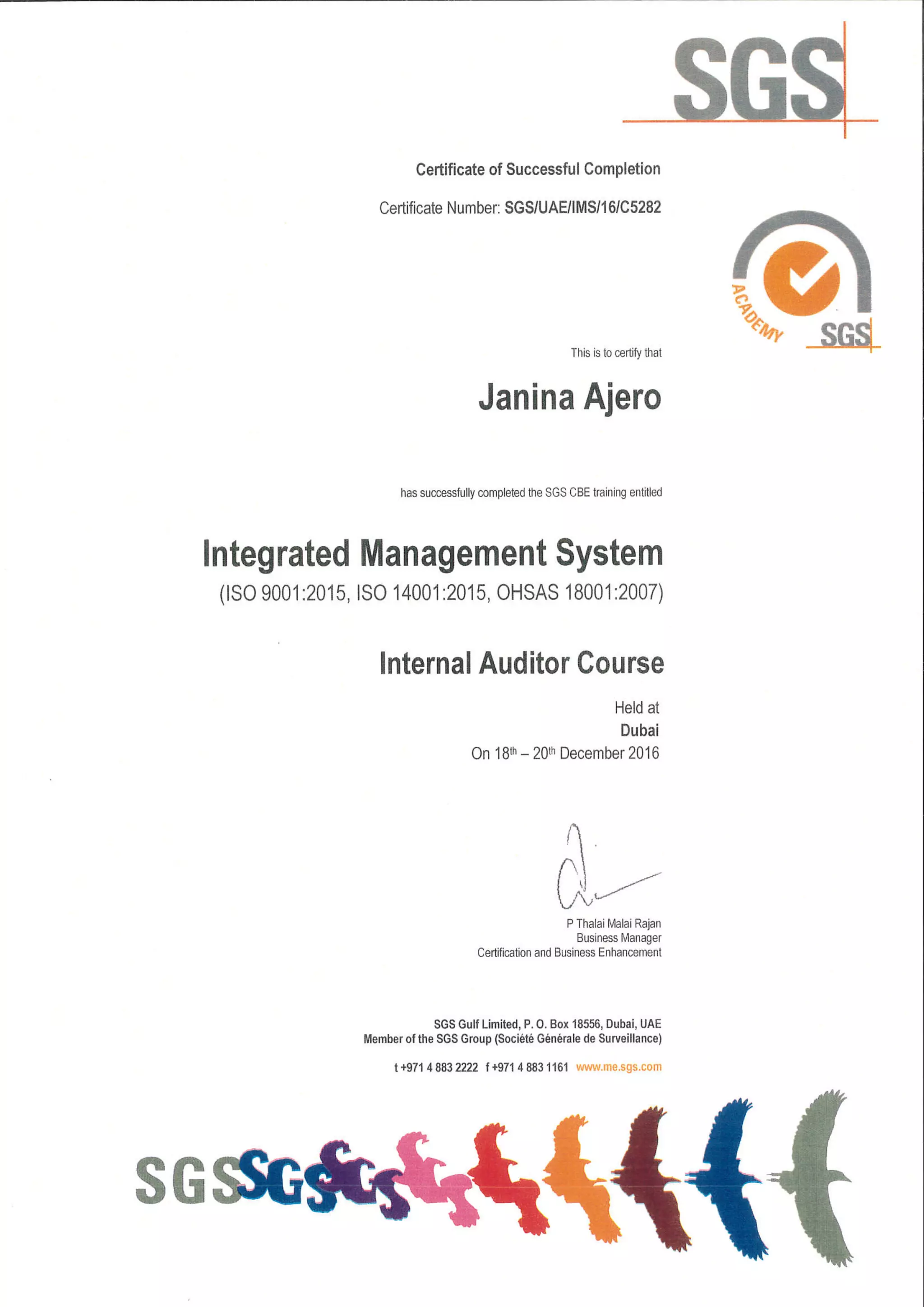 SGS Internal Auditor Certificate | PDF