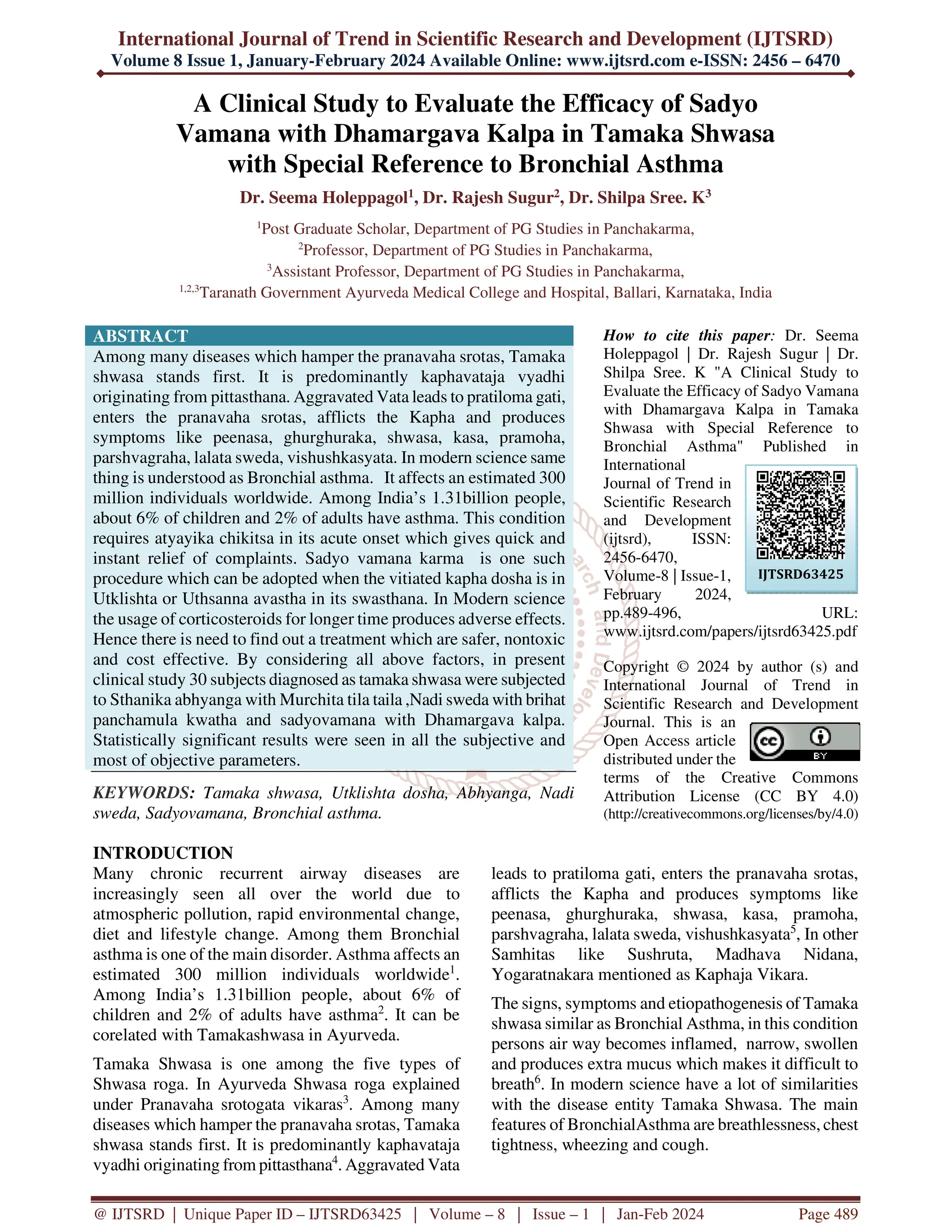 A Clinical Study to Evaluate the Efficacy of Sadyo Vamana with ...