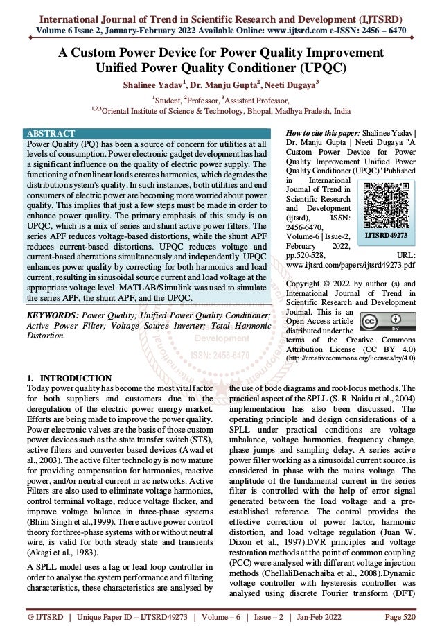 A Custom Power Device for Power Quality Improvement Unified Power ...