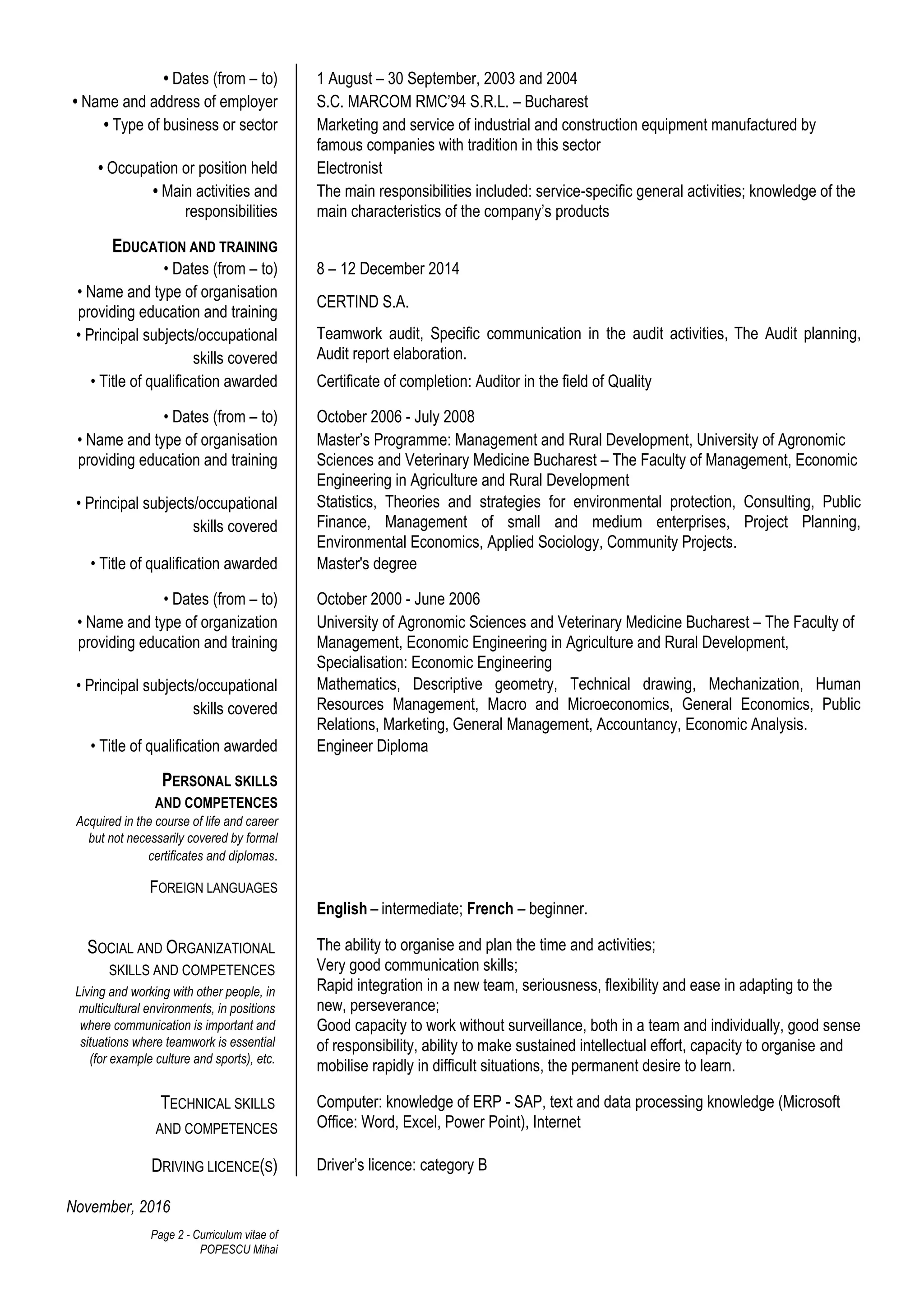CV MIHAI POPESCU 2017 | PDF