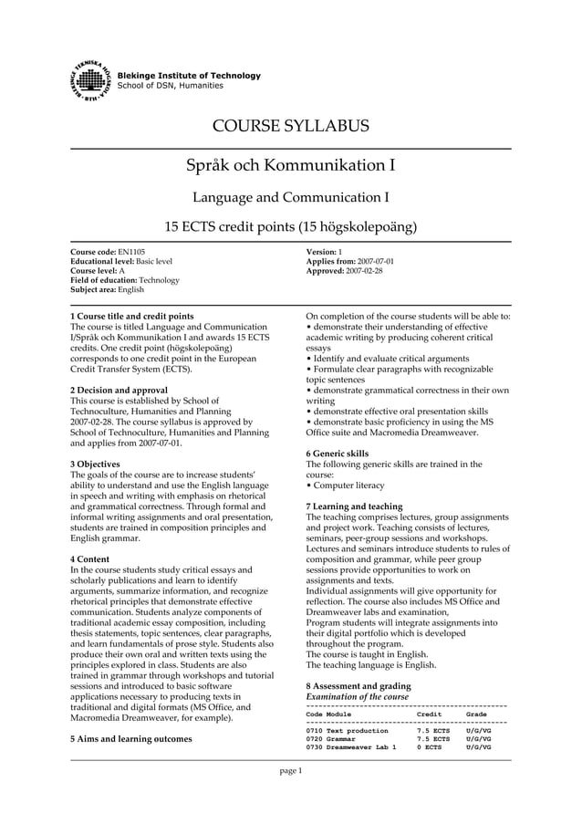 Syllabus-EN1105-Language and Communication I | PDF | Educational Assessment | Education