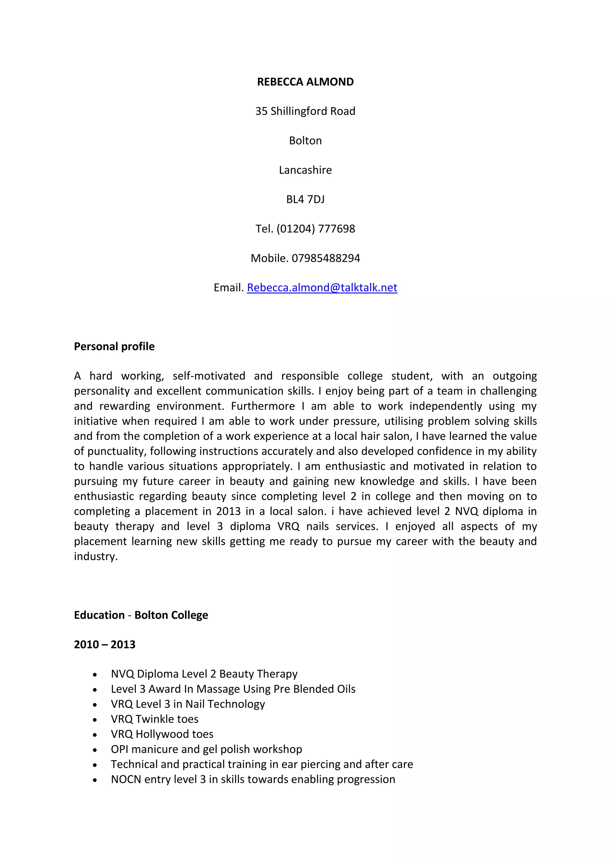 NEW BEAUTY CV REBECCA ALMOND | PDF