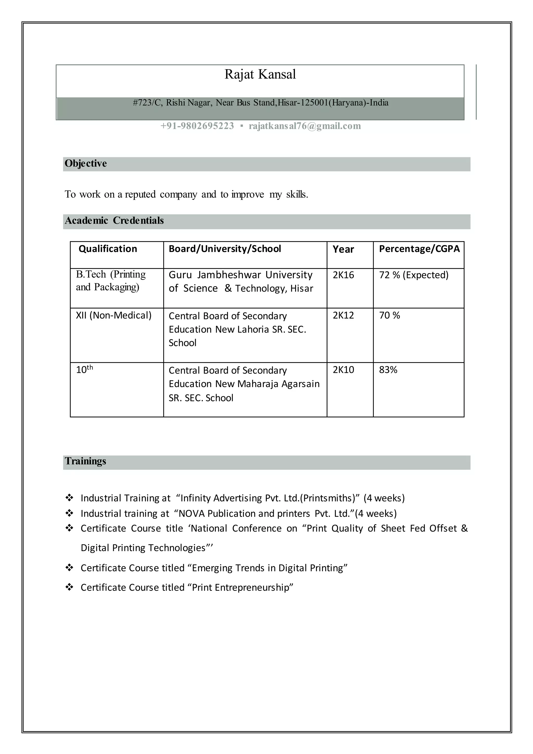 CV Rajat kansal B.Tech | Resume Writing and Advice | Job Search