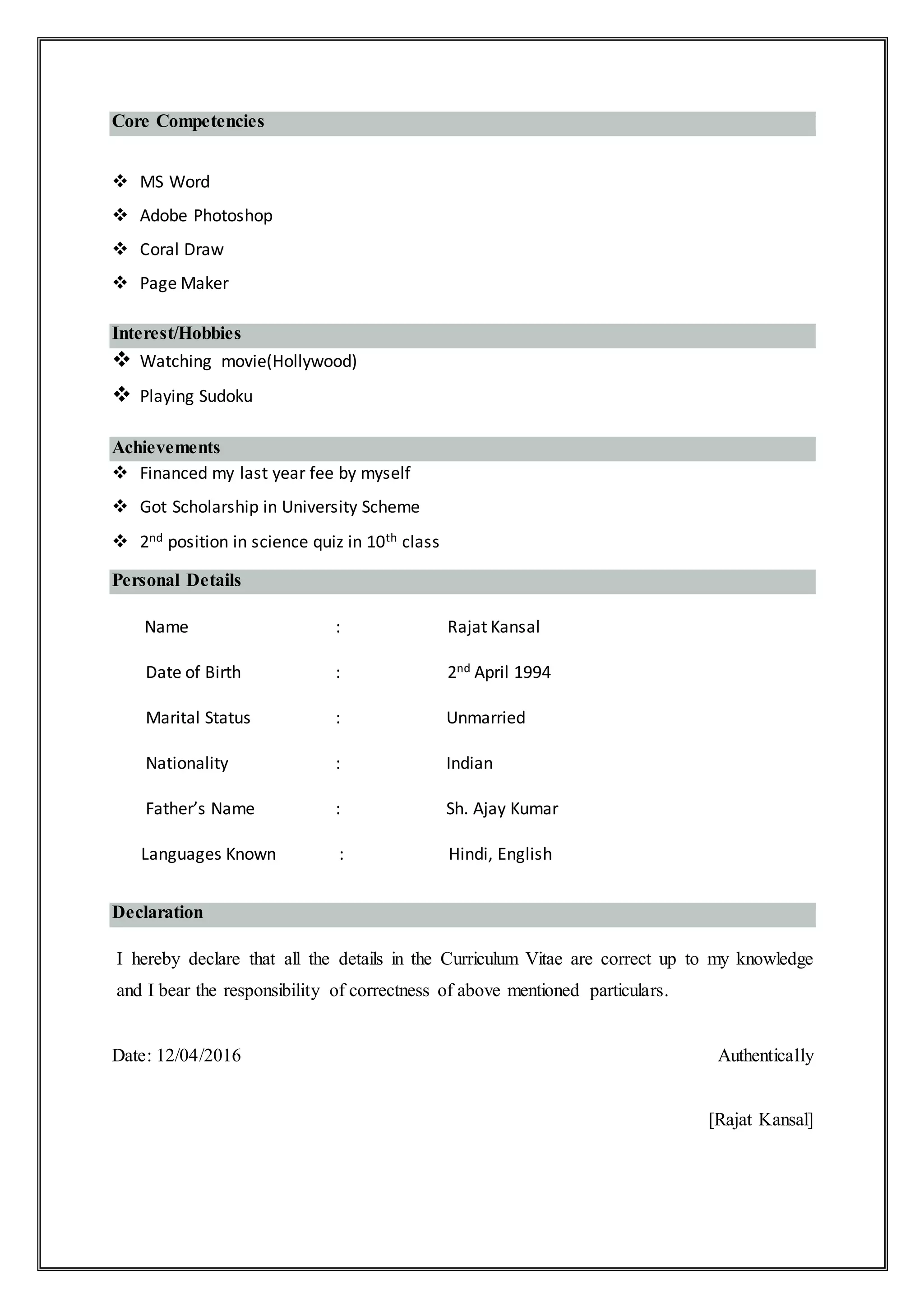 CV Rajat kansal B.Tech | Resume Writing and Advice | Job Search