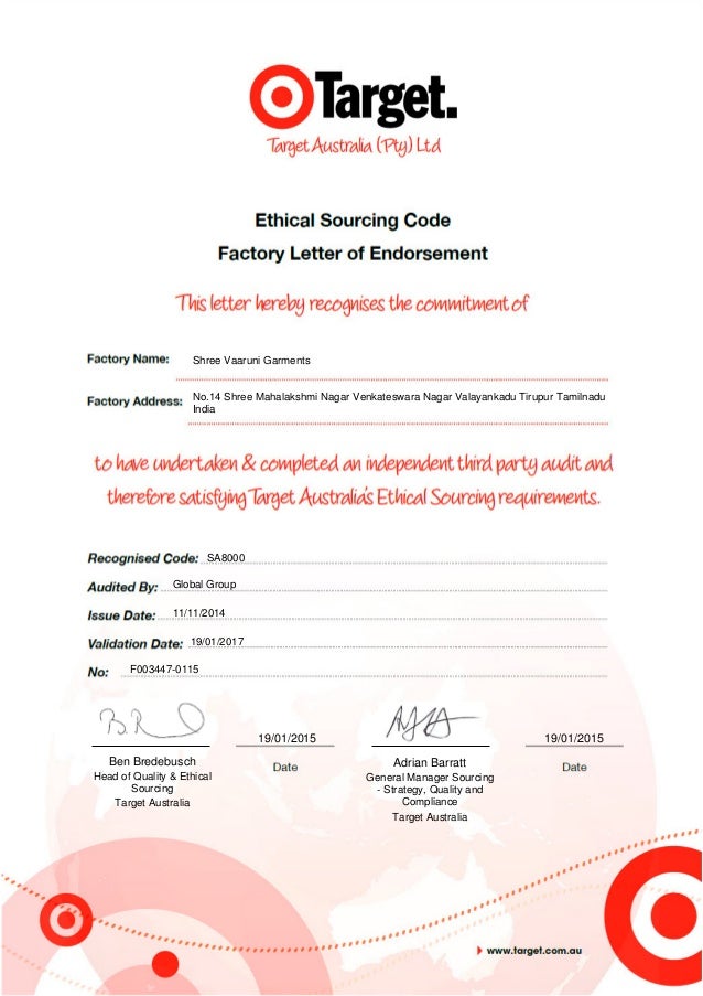 TARGET CERTIFICATE 2015 - 2017