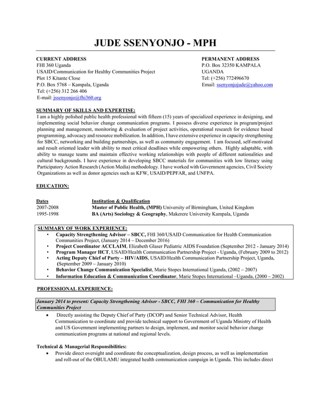JUDE SSENYONJO CV January 2017 | PDF
