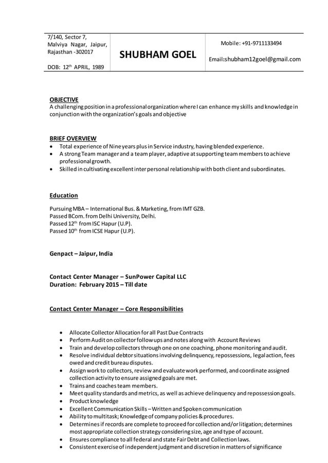 Shubham Goel (Contact Center Manager) - Resume | PDF