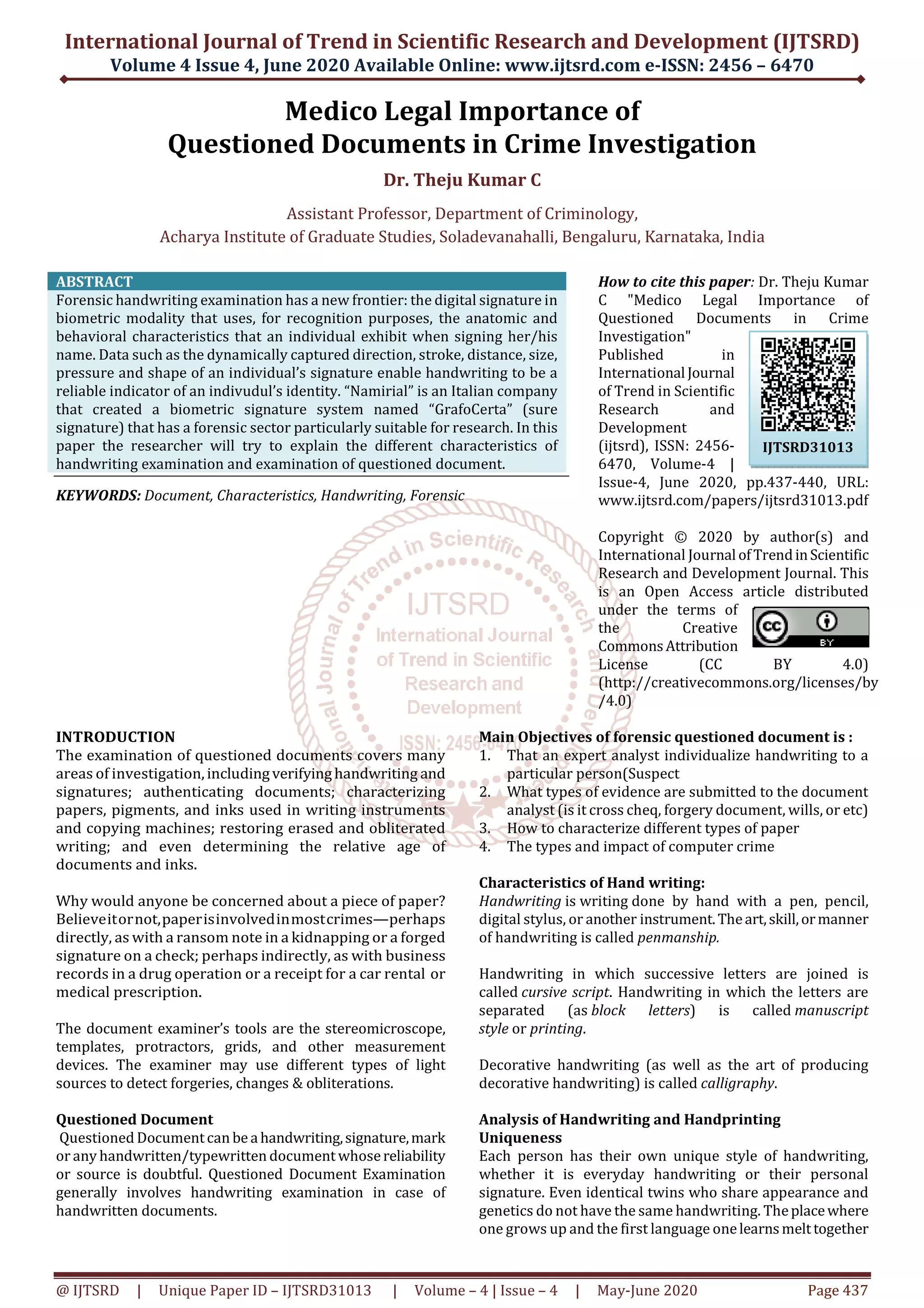 Medico Legal Importance of Questioned Documents in Crime Investigation ...