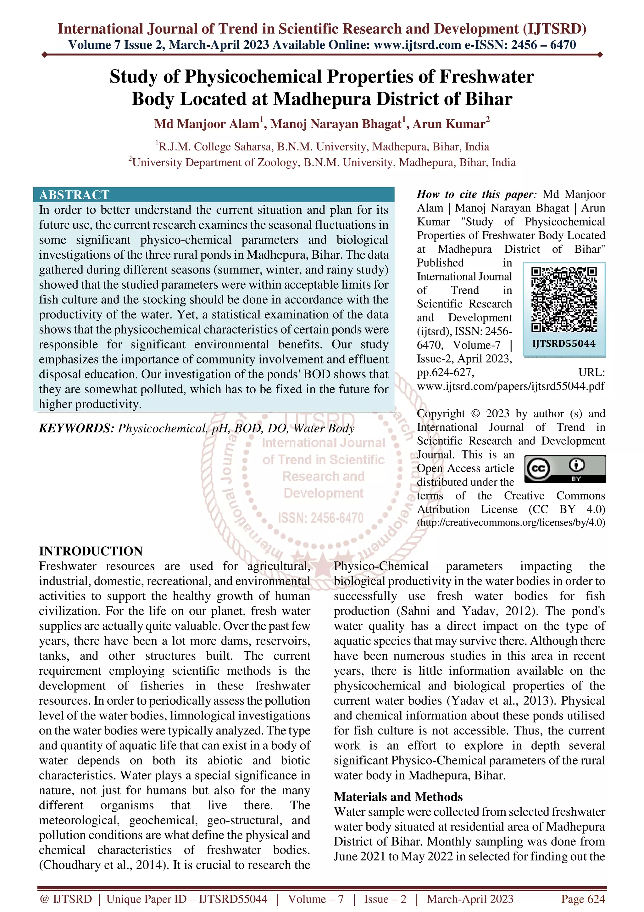 Study of Physicochemical Properties of Freshwater Body Located at ...