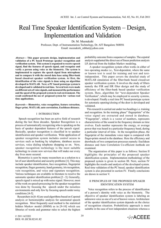 Real Time Speaker Identification System – Design, Implementation and Validation | PDF